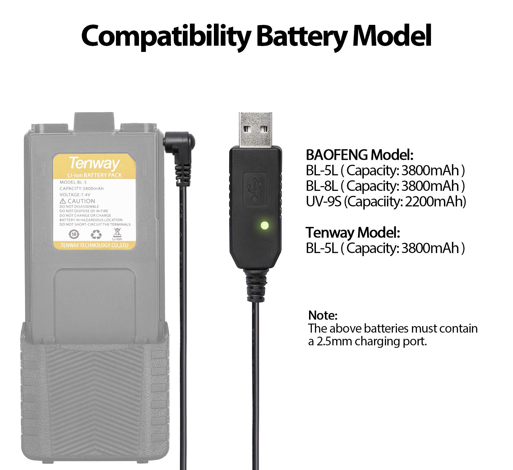 Tenway 2Pcs UV-5R BF-8HP Extended Battery BL-5L 3800 mAh with USB Charging Cable and Chargers Compatible with BAOFENG UV-5R Series