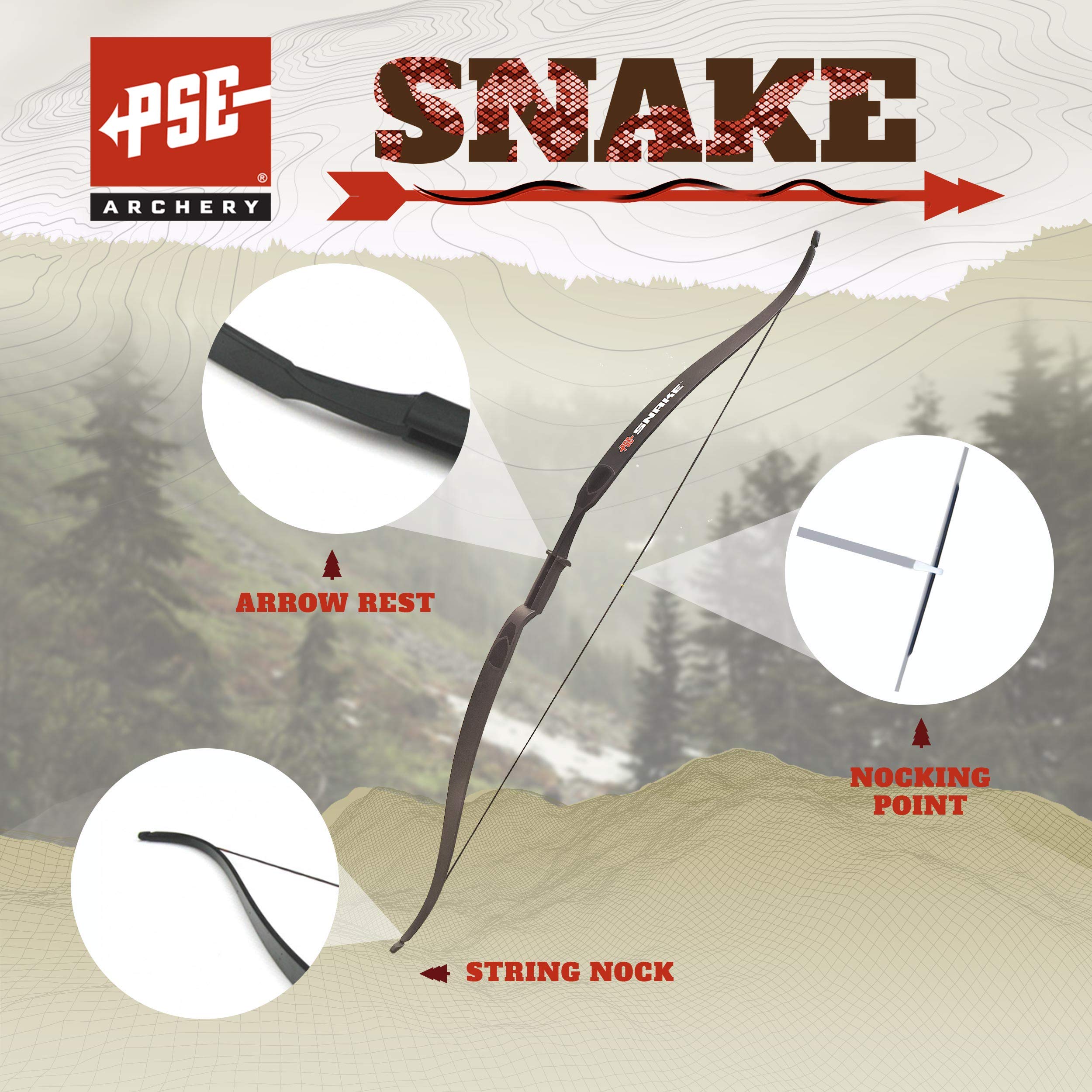PSE Archery 60 Inch Lightweight Snake Pro Max 54 Traditional Recurve Right or Left Hand Kids Bow Kit with Arrow Rest, String Nock, Black