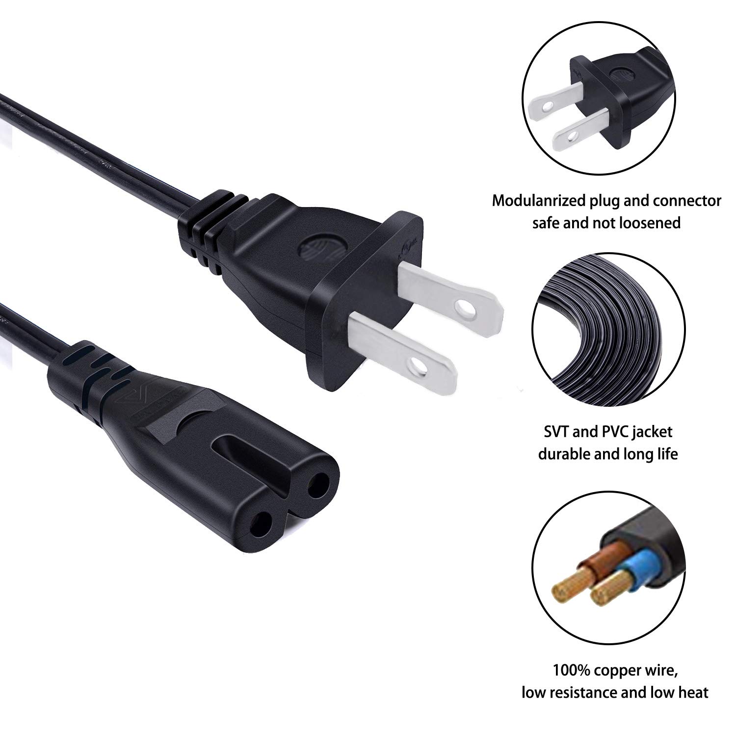UL 2 Prong Power Cord Replacement for Electric Recliner Lift Chairs Liftchair Power Cord 8 Foot IEC C7 AC Extension Cable