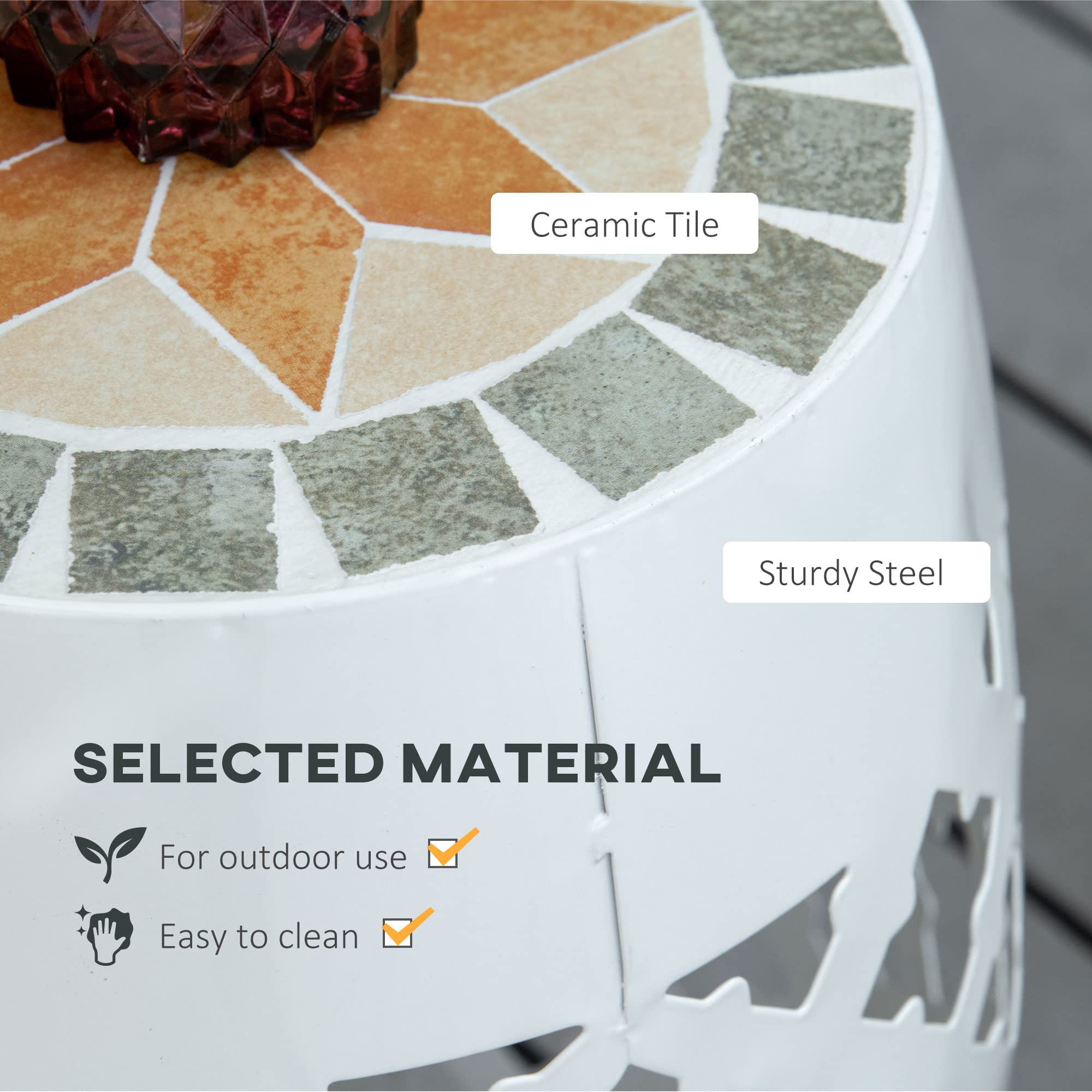 Outsunny 12" Patio Round Side Table, Outdoor Footstool, Garden Mosaic Accent Side Table, Plant Stand, White