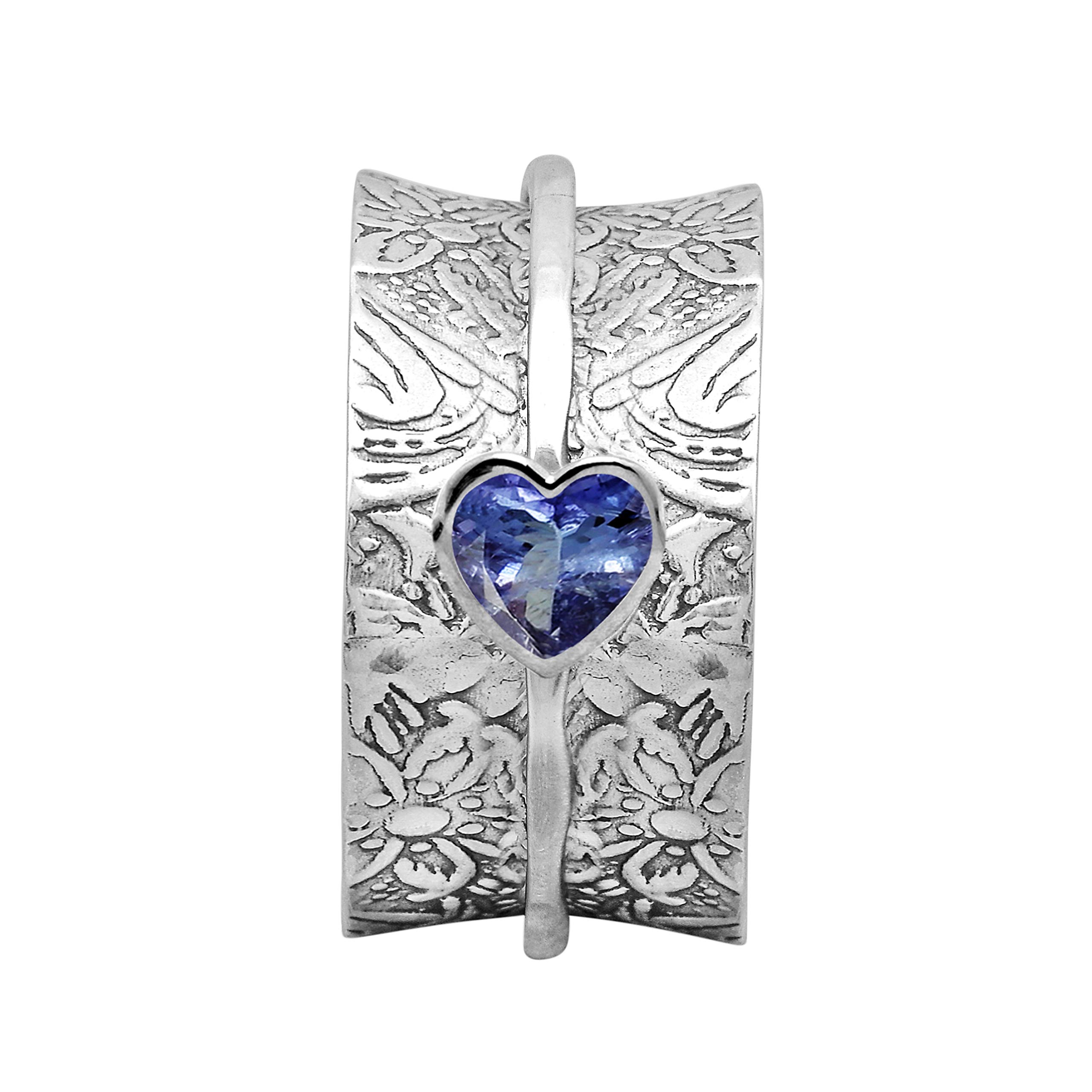Spinner Ring !! Your Choice Meditation Band, 5 MM Heart Shape Tanzanite Gemstone Fidget Ring, 925 Sterling Silver Band… (Dual silver band, 9)