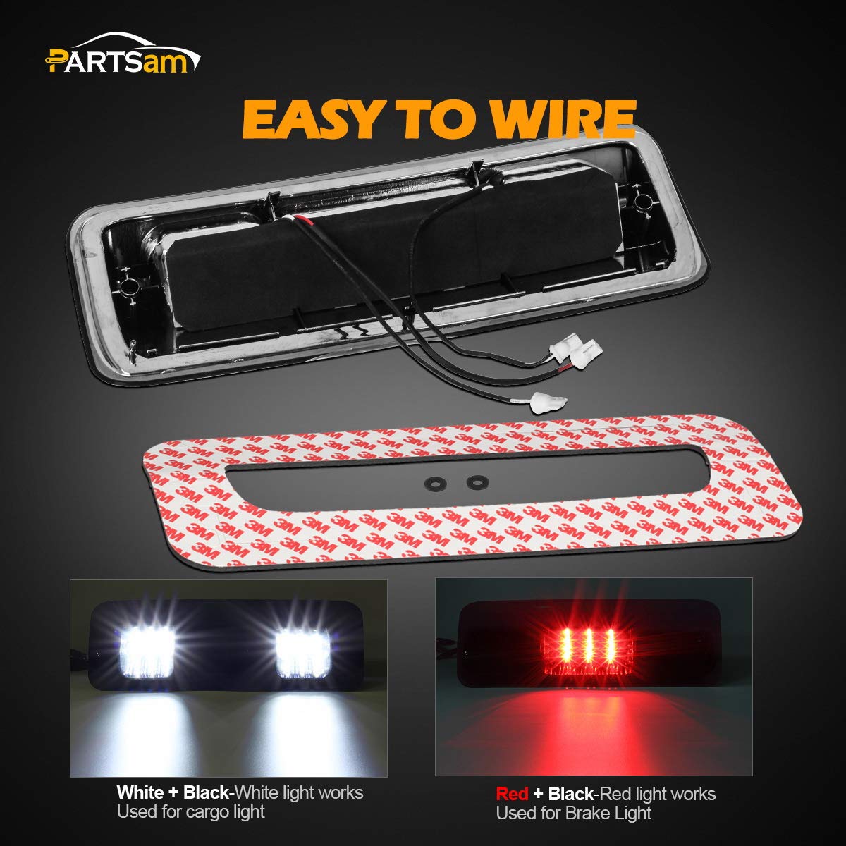 Partsam Replacement for F150 F-150 2004 2005 2006 2007 2008 High Mount Stop Light 3rd Third Brake Light Smoked LED Rear Cab Roof Center Mount Brake Tail Cargo Light Lamp Chrome Housing w/3 Plugs