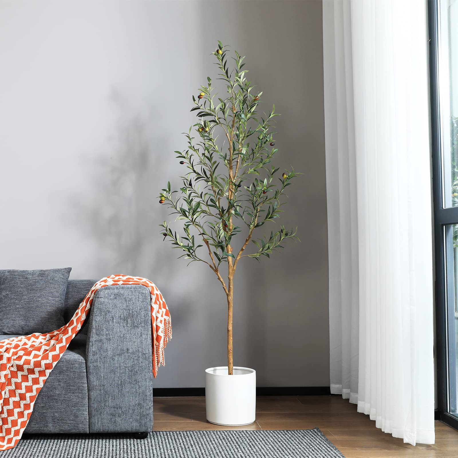 OAKRED Artificial Olive Tree, 6FT Tall Fake Silk Plants with Natural Wood Trunk Faux Potted Tree for Home Decor Indoor Office Porch, Set of 1