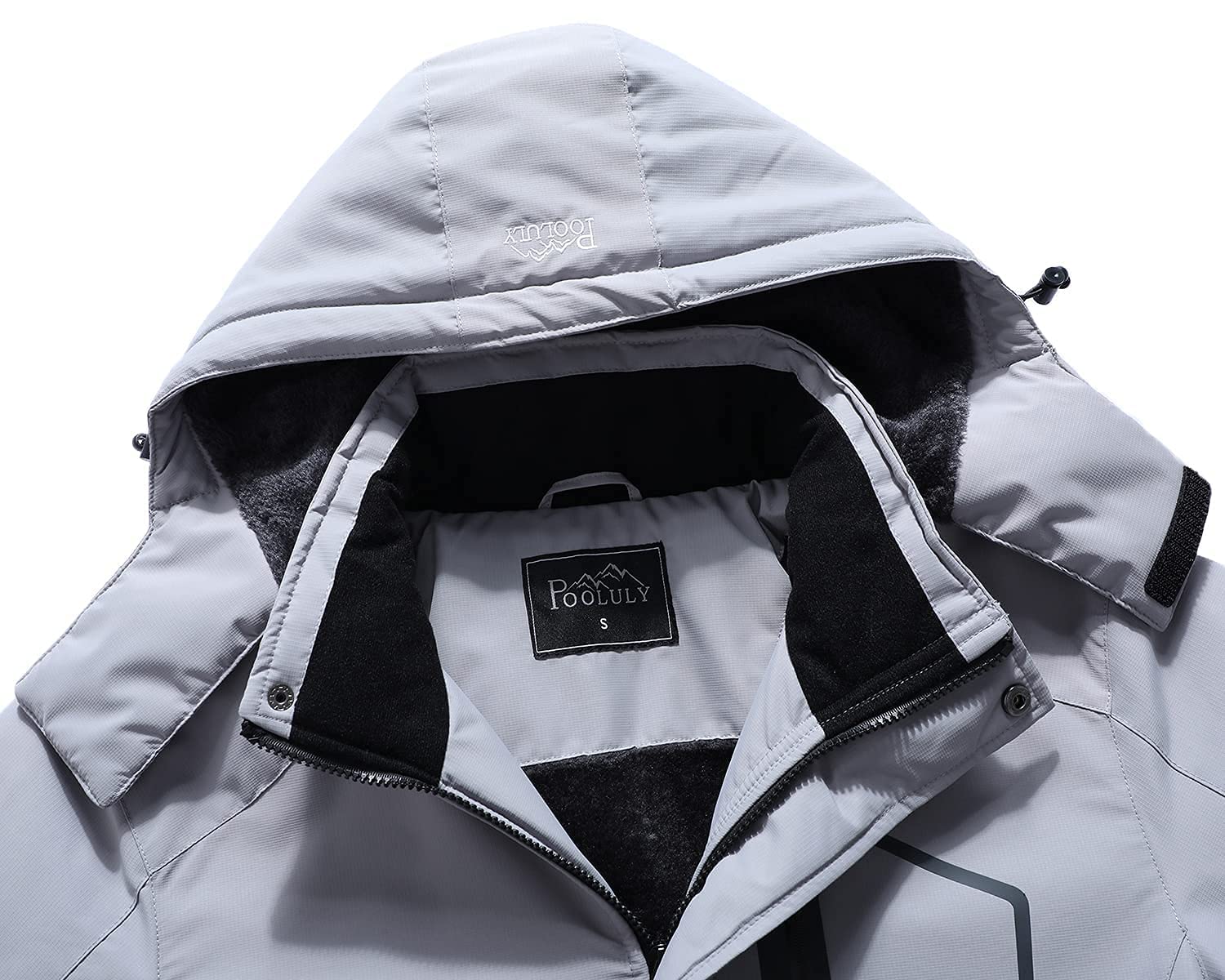 Pooluly Men's Ski Jacket Warm Winter Waterproof Windbreaker Hooded Raincoat Snowboarding Jackets Light Gray-M
