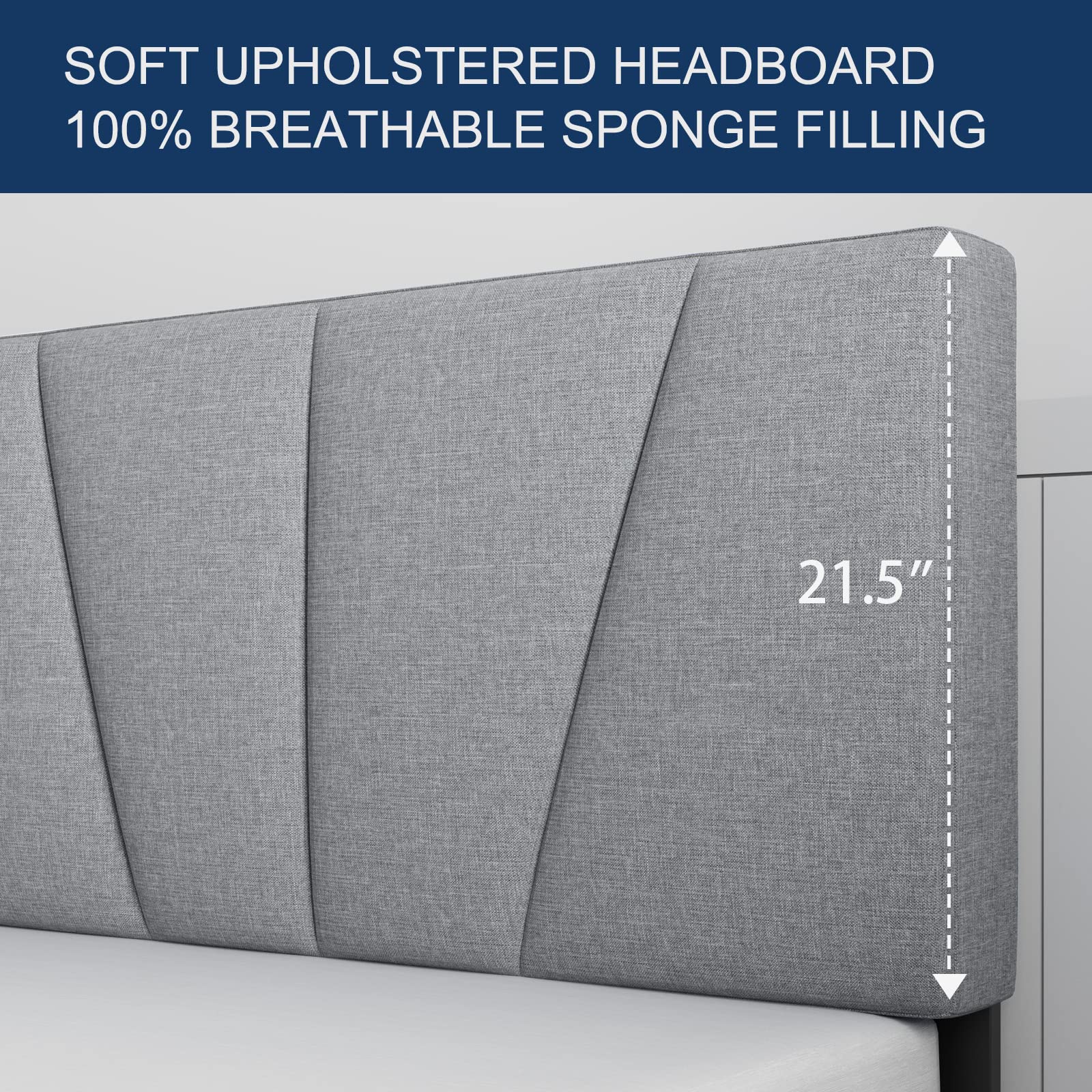 Molblly King Bed Frame Upholstered Platform with Headboard and Strong Wooden Slats, Strong Weight Capacity, Non-Slip and Noiseless,No Box Spring Needed, Easy Assembly,Light Grey
