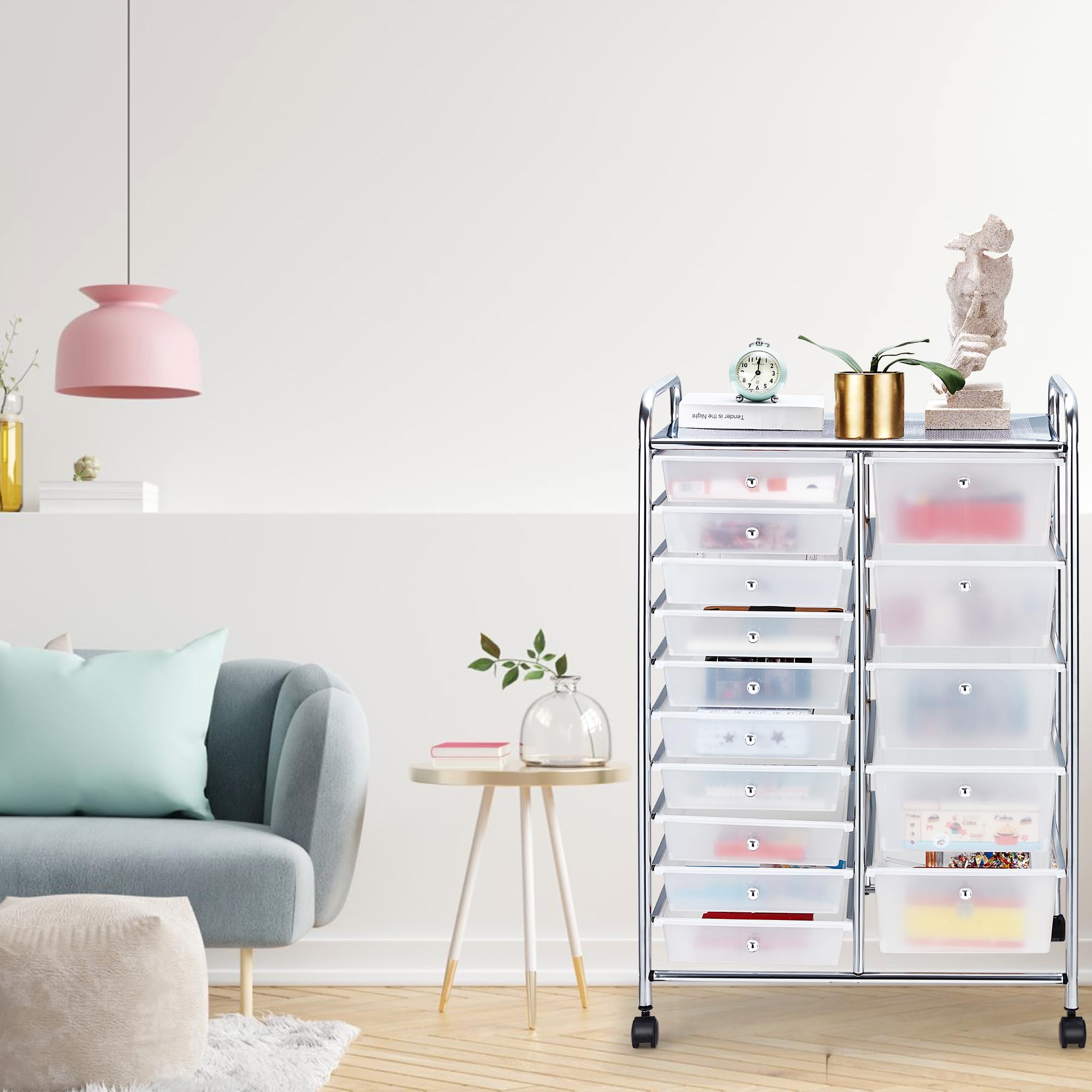 Sapodilla15-Drawer Rolling Storage Cart, Multipurpose Movable Organizer Cart for School Office Home Beauty Salon, Multipurpose Storage Organizer Cart with 4 Lockable Casters(White)