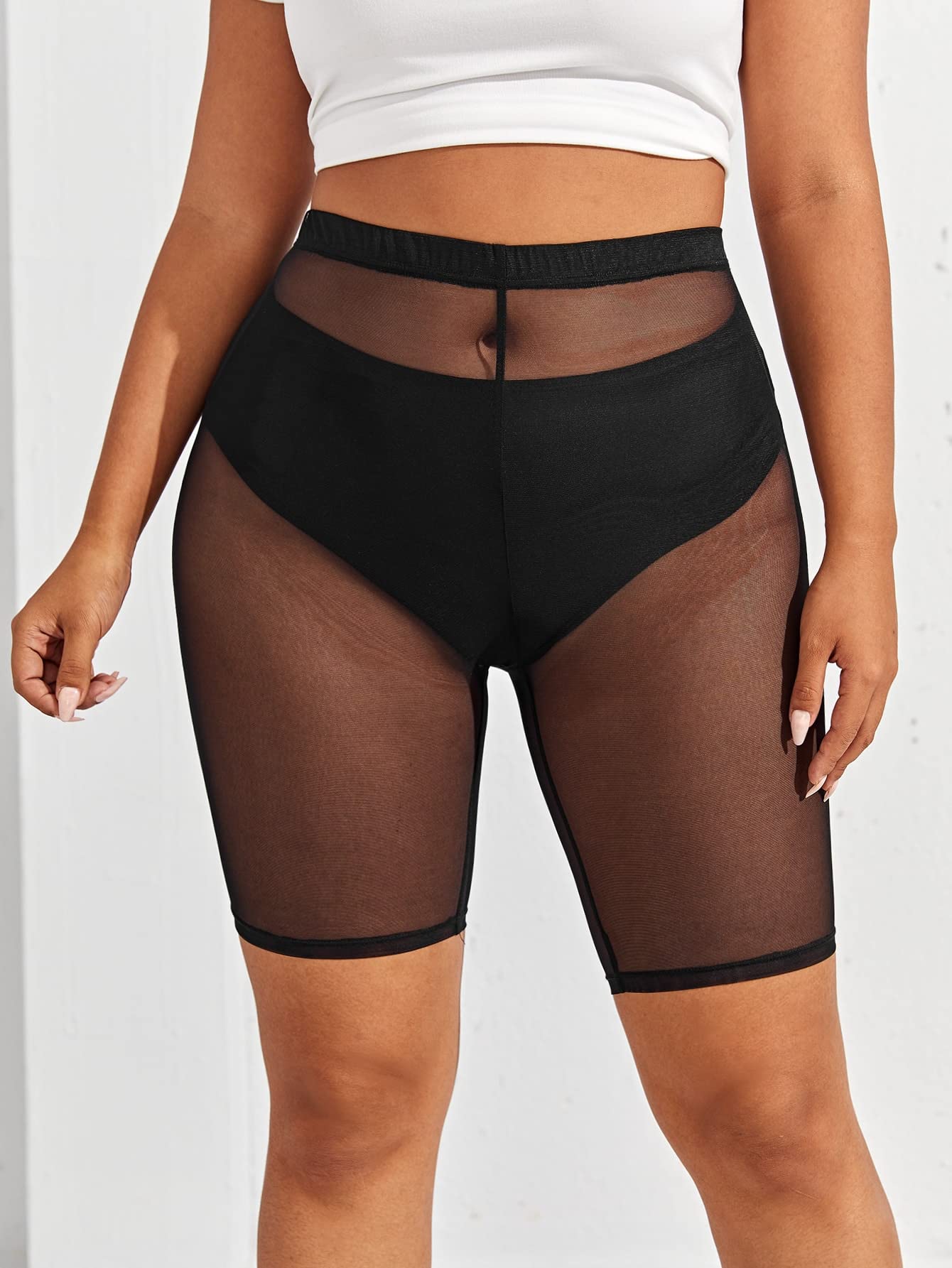 WDIRARA Women's Plus Size Elastic Waist Sheer Mesh Biker Shorts Short Leggings Black 4XL