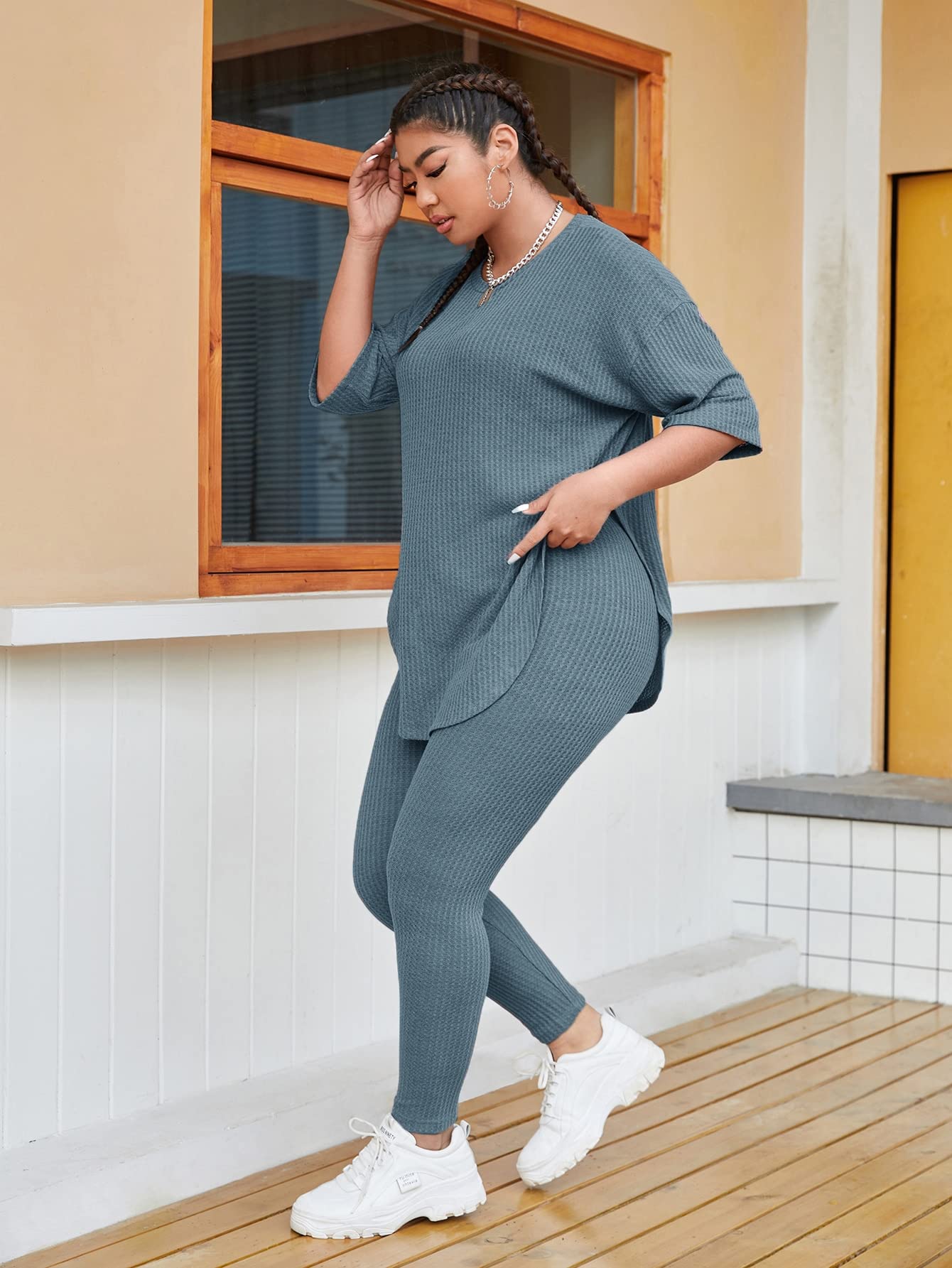 WDIRARA Women's Plus Size 2 Piece Outfit Waffle Knit Half Sleeve Top and Leggings Set Dusty Blue 4XL