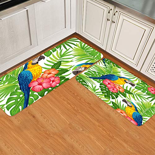 Tropical Plants Kitchen Mats for Floor Cushioned Anti Fatigue 2 Piece Set Kitchen Runner Rugs Non Skid Washable Exotic Monstera Themed Banana Leaves Parrot Jungle 15.7x23.6+15.7x47.2