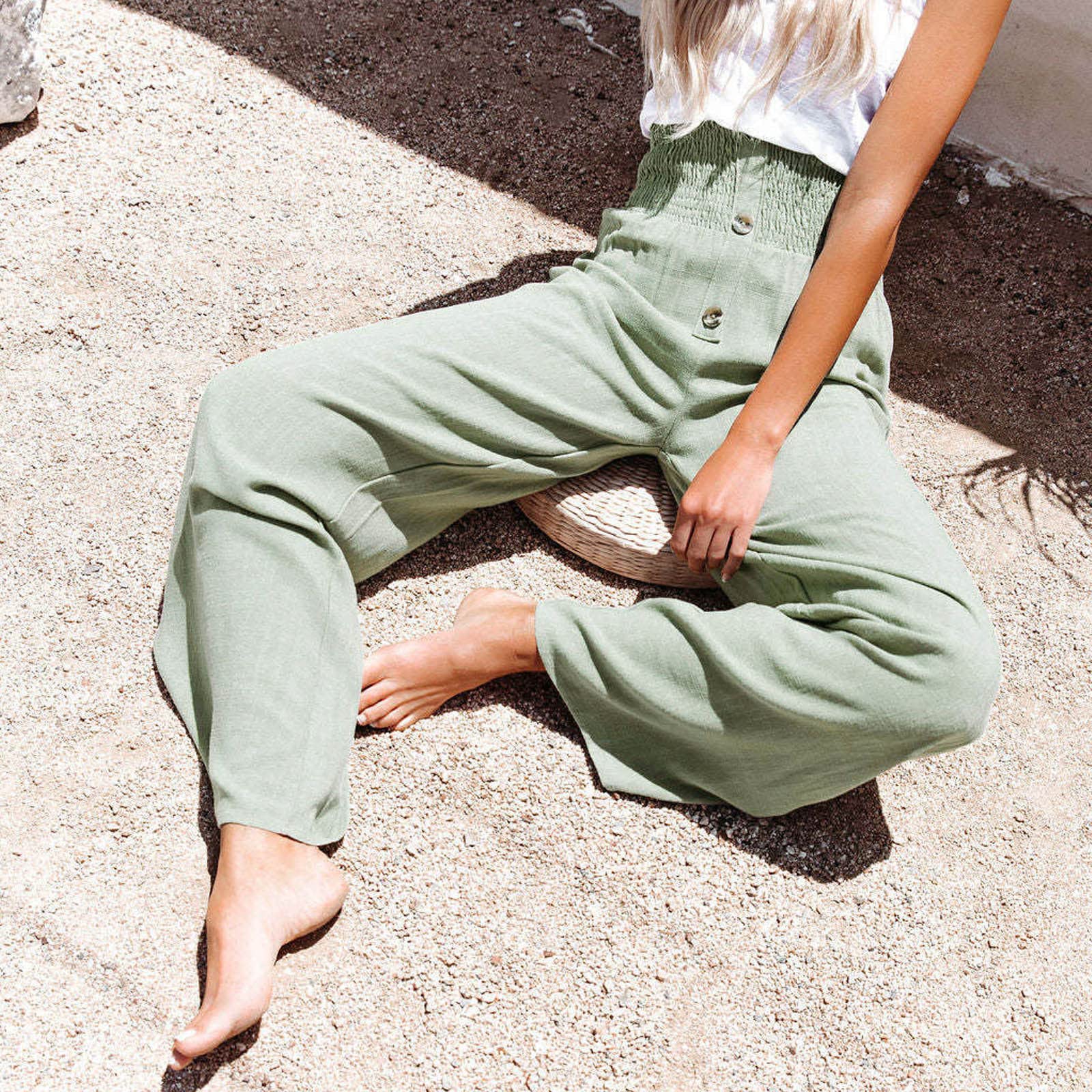 Women's Cotton Linen Pants Smocked High Rise Loose Comfy Wide Leg Trousers Elastic Waist Button Fly Solid Harem Pants(A4 Green X-Large