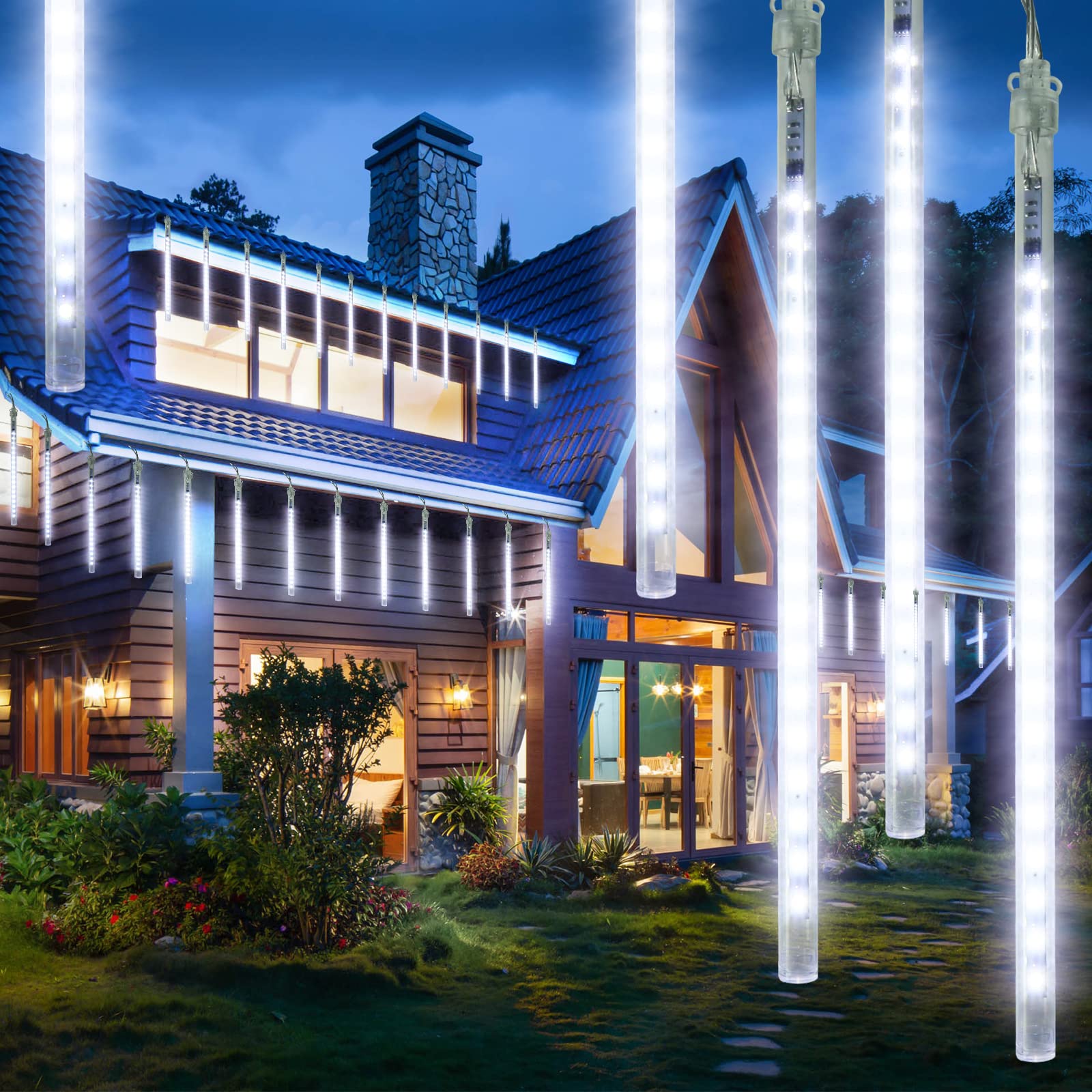 PATOMOS Meteor Shower Lights, White Meteor Lights, 30cm 8 Tubes 288 LED Falling Rain Lights, LED Raindrop Lights for Trees, Christmas, Outdoor Decoration