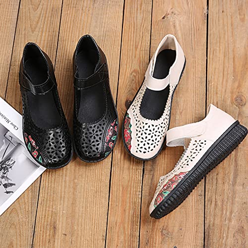 Women's Fashion Soft Beef Tendon Soft Bottom Flat Heel Hook Loop Single Shoes Round Toe Four Seasons Slip Wedge Sandal Black