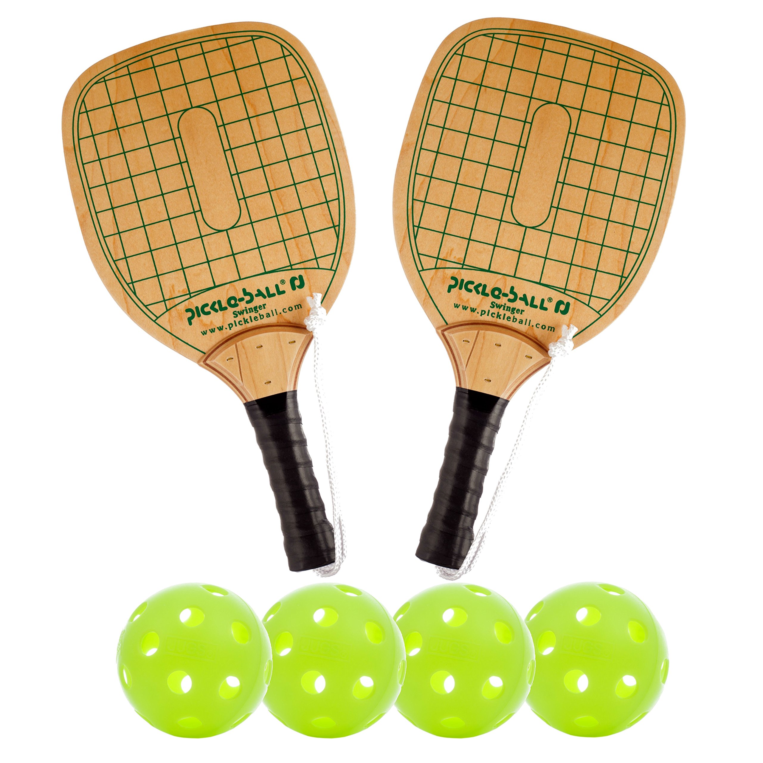 Pickle-Ball, Inc. Swinger Pickleball Paddle Bundle - Quality Durable Wood Racquet Set (2 Paddle / 4 Ball Bundle - Natural Green)