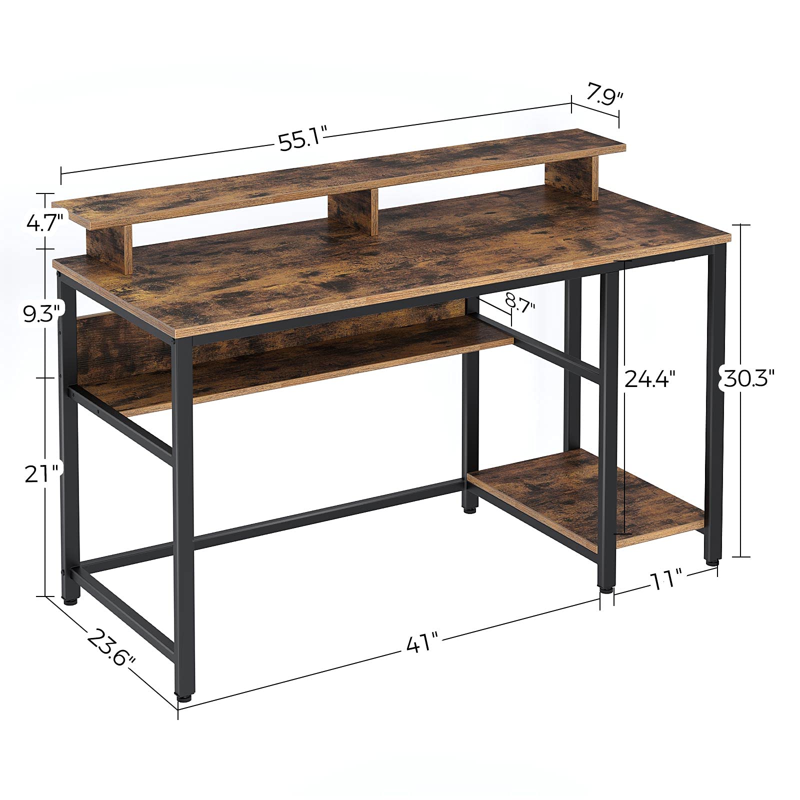 Rolanstar Computer Desk with Monitor Shelf, 55" Home Office Desk, Study Writing Desk, Sturdy Table, Workstation, Stable Metal Frame, Rustic Brown