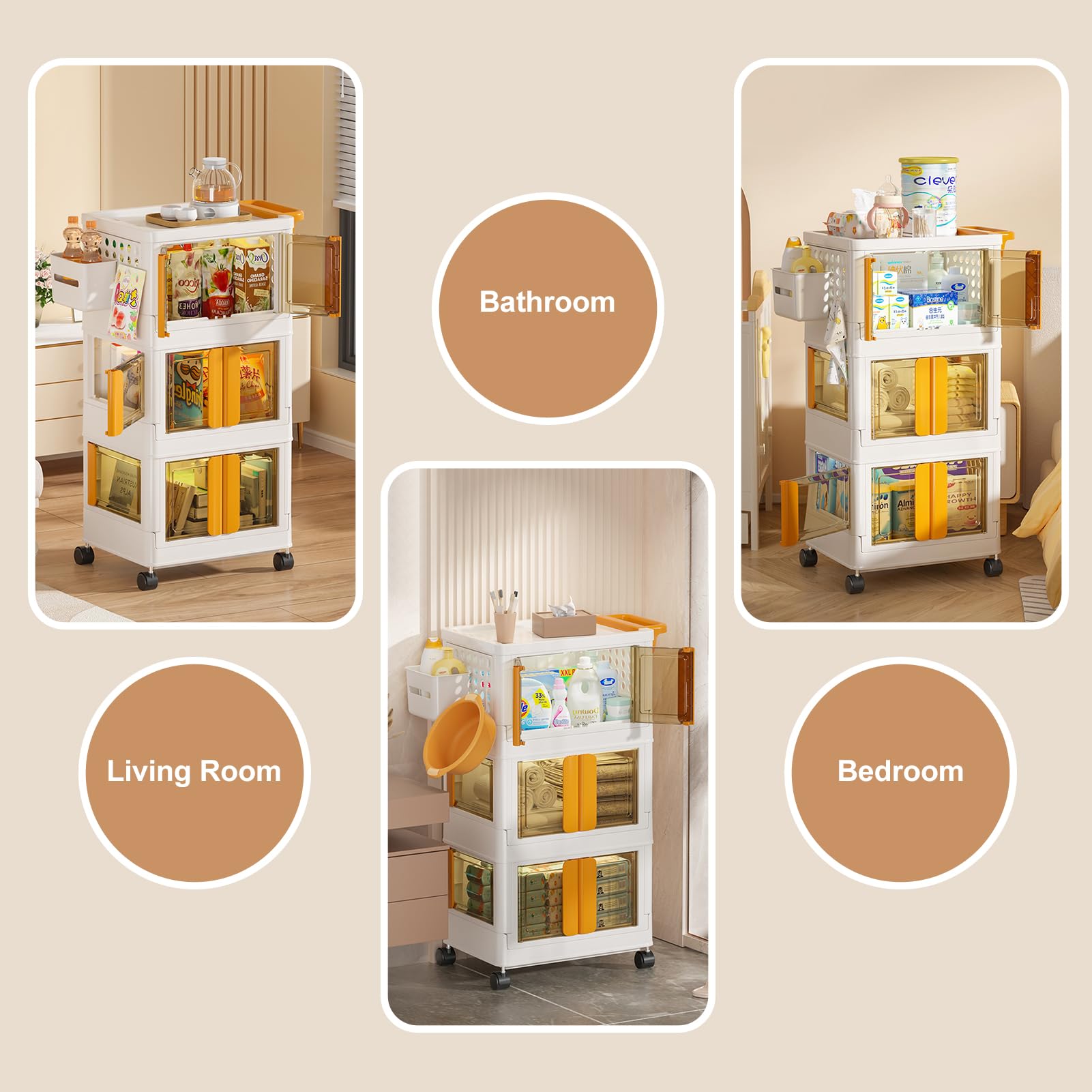 Sineda Storage Bins with Lids - 28 Quart Collapsible Storage Bins, Stackable Storage Bins with Wheels and Door, Ideal for Storage and Organization.(Off White - 3Pack)