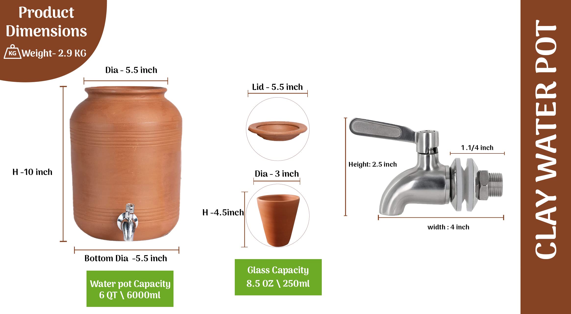Village Decor Handmade Earthen Clay Water Pot | Clay Beverage Dispenser with Stainless Steel Faucet and Clay Glass, Capacity 6000 ml / 202 oz