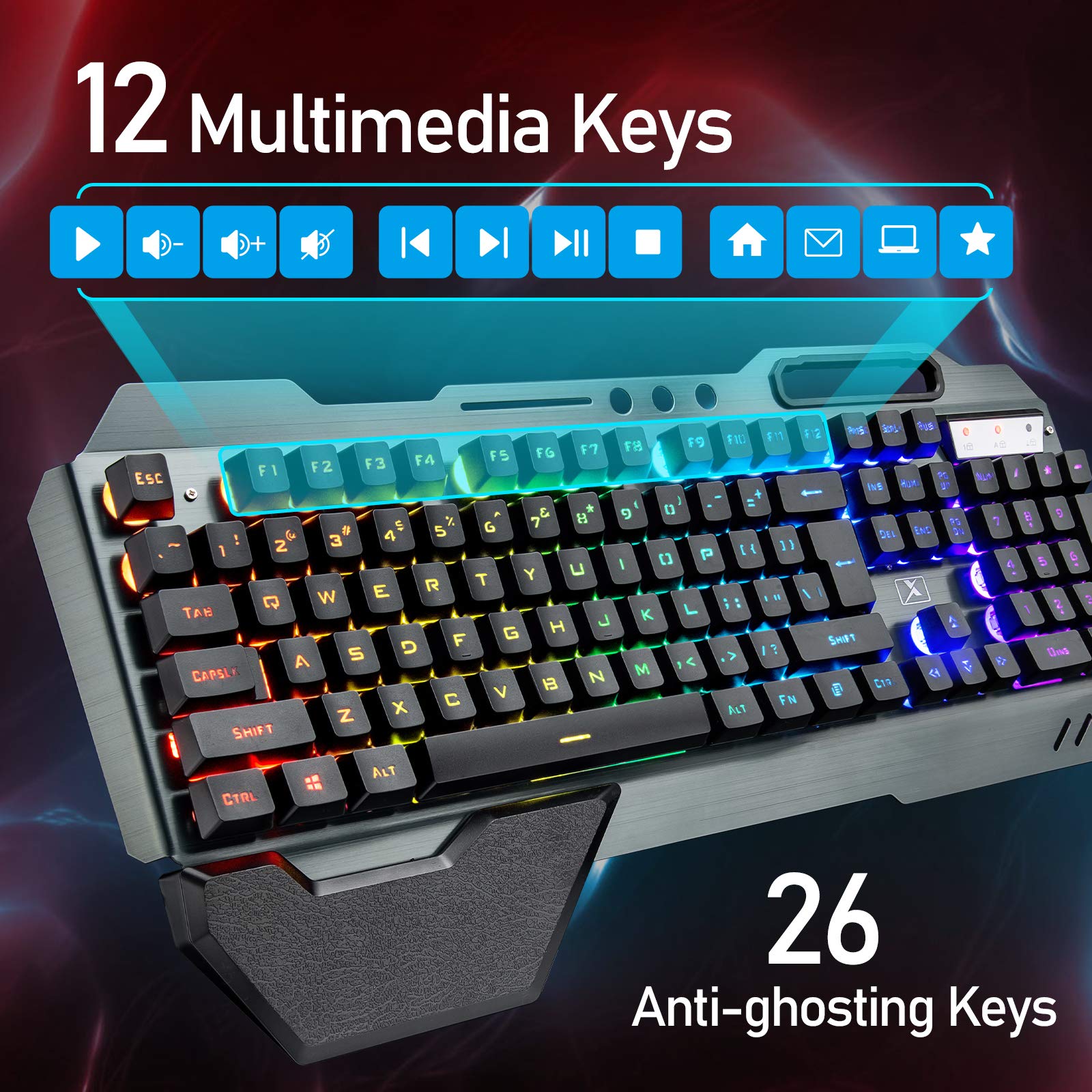 Wireless Gaming Keyboard Mouse and Wired Computer Speaker with Rainbow RGB Backlit Rechargeable Battery Metal Mechanical Ergonomic Waterproof Dustproof Removable Palm Rest for Laptop PC Gamer(Black)