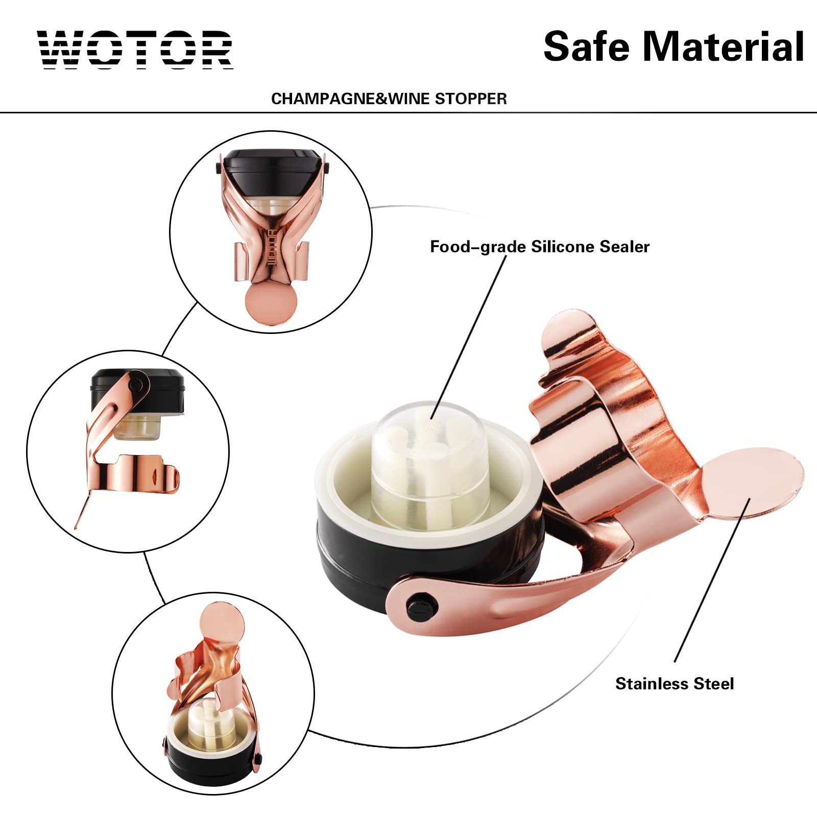 WOTOR Champagne&Wine Bottle Stoppers Stainless Steel with Food Grade Silicone, Leak Proof Keep Fresh Reusable Saver, Cork Suitable for Wine, Champagne, Cava, Prosecco and Sparkling (2 Pack Rosegold)