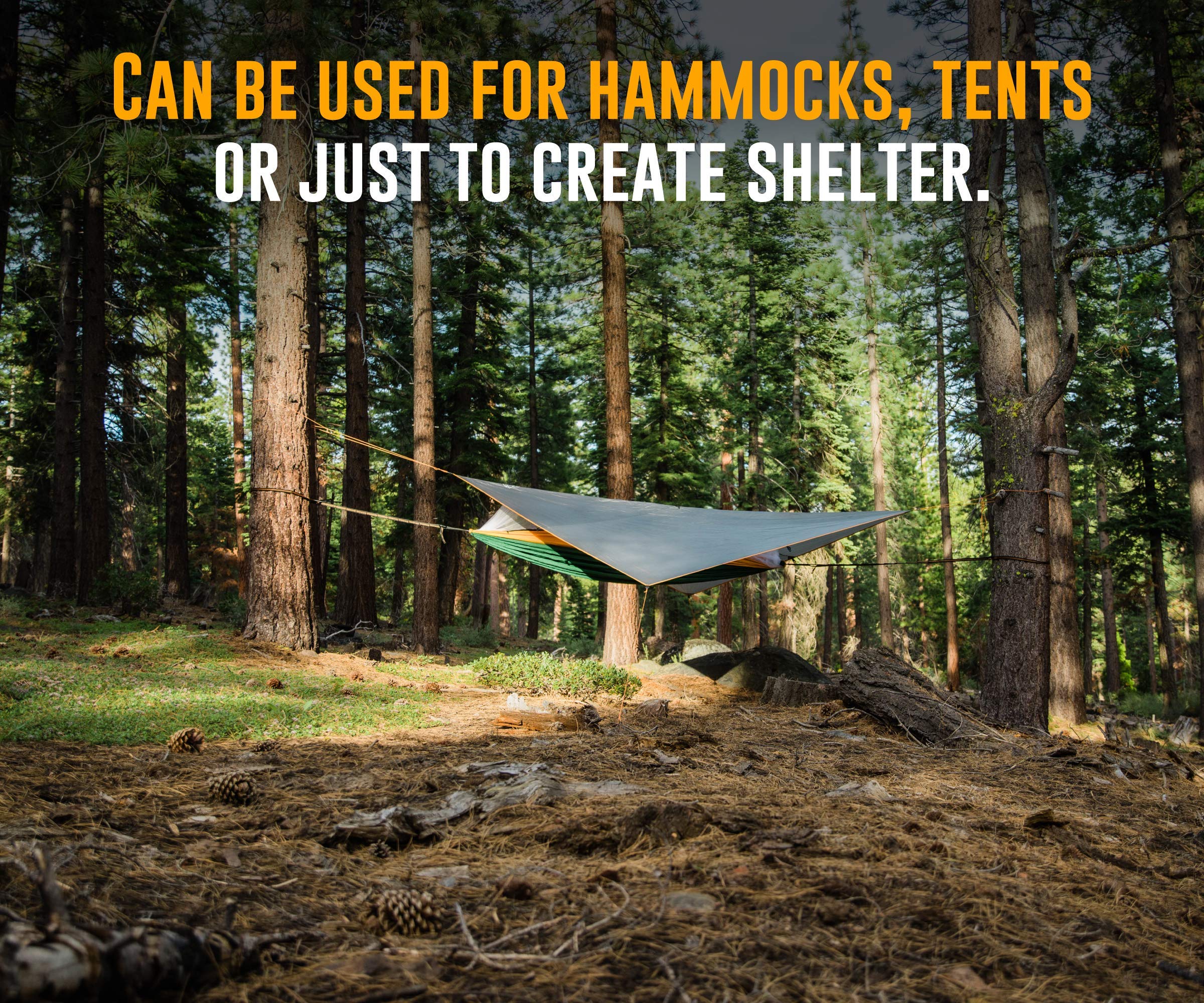 Ryno Tuff 10 X 10 ft Waterproof Hammock Rain Fly, Aluminum Ground Stakes & Guy Lines - Lightweight 3000MM Rated Sunshade Tarp for UV Protection While Outdoor Camping, Backpacking, Traveling & Hiking
