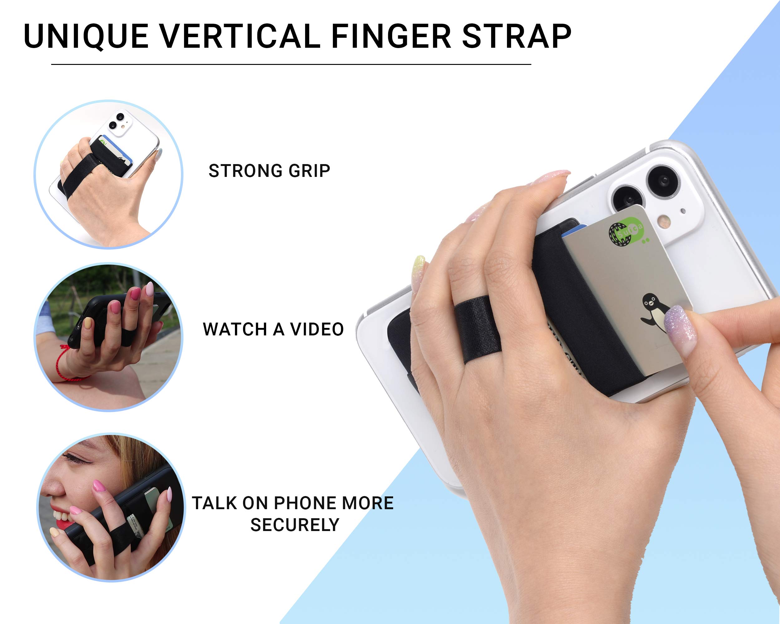 polifall Cell Phone Card Holder Stick On Wallet Sleeve Back - Double Pocket + Finger Grip Strap Loop + Metal Plate for Magnet Mount + RFID Block for iPhone, Galaxy, Android, Mobile - Black