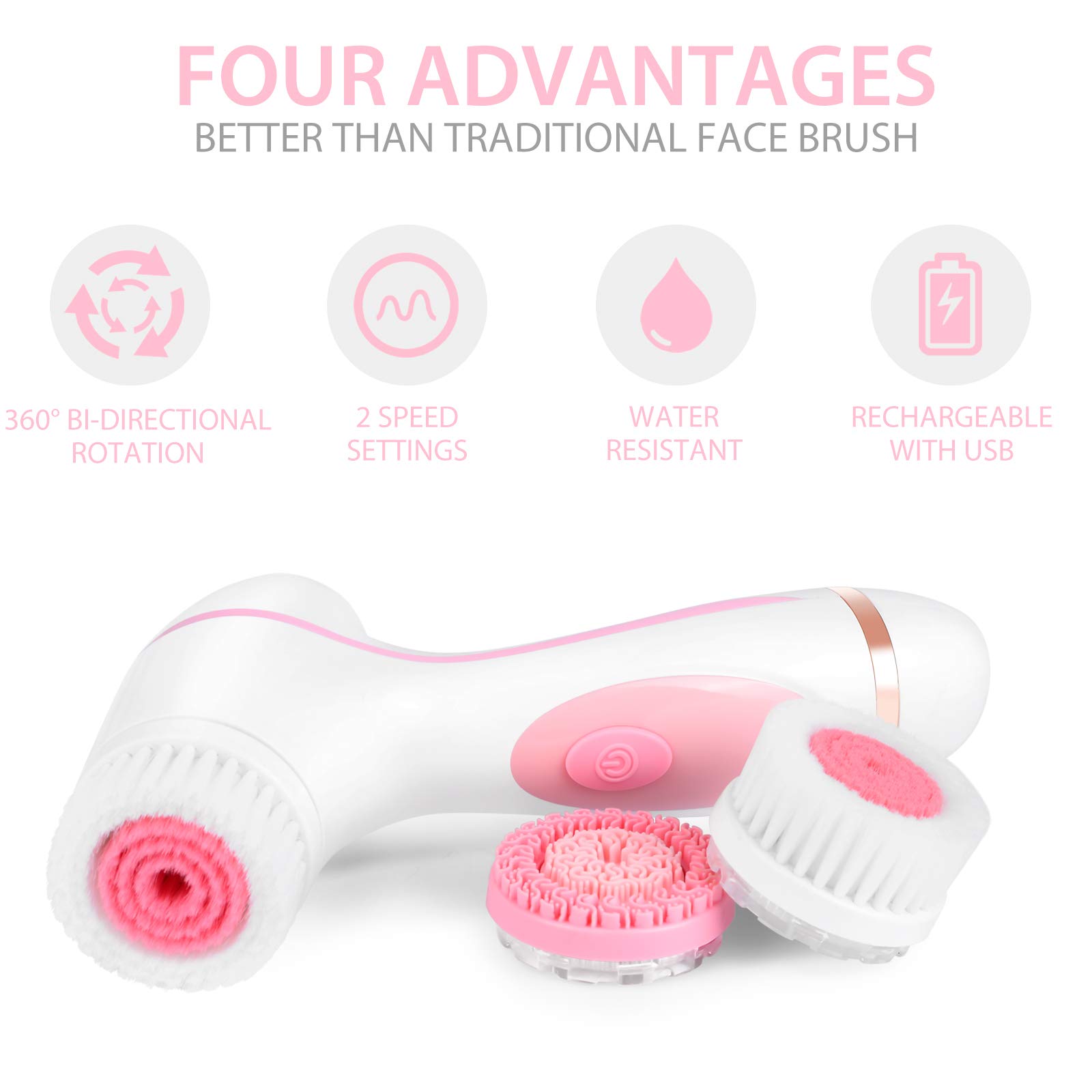 Rechargeable Facial Cleansing Brush Set with 3 Bi-directional Spin Brush Heads - Waterproof Face Spa System by CNAIER - Advanced Microdermabrasion for Gentle Exfoliation and Deep Scrubbing