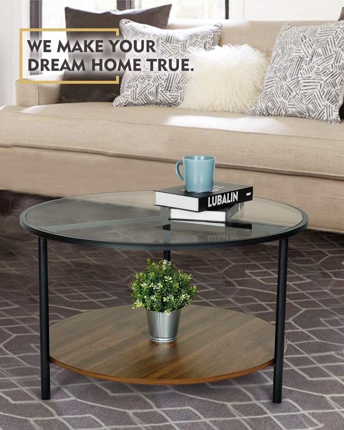 Moncot Round Coffee Table Small Coffee Table with Glass Top and Walnut Wood Shelf Modern Center Table with Metal Frame for Living Room
