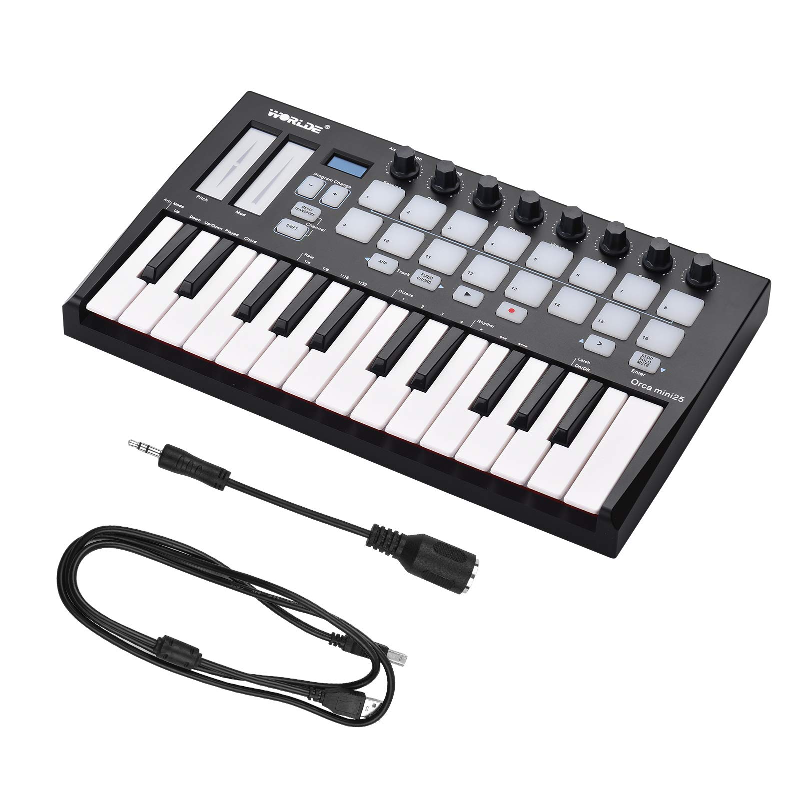 Taruor USB MIDI Keyboard Controller, Portable 25-Key USB MIDI Keyboard Controller with 16 RGB Backlit Trigger Pads 8 Assignable Control Knobs