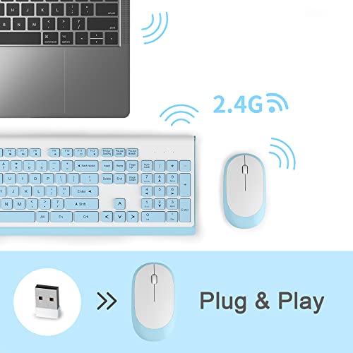 Wireless Keyboard Mouse Combo, MageGee V650 Quiet Full Size 2.4G Ultra-Thin Wireless Keyboard and Mouse Set with Number Pad for Windows, Desktop, Laptop, PC, White Blue