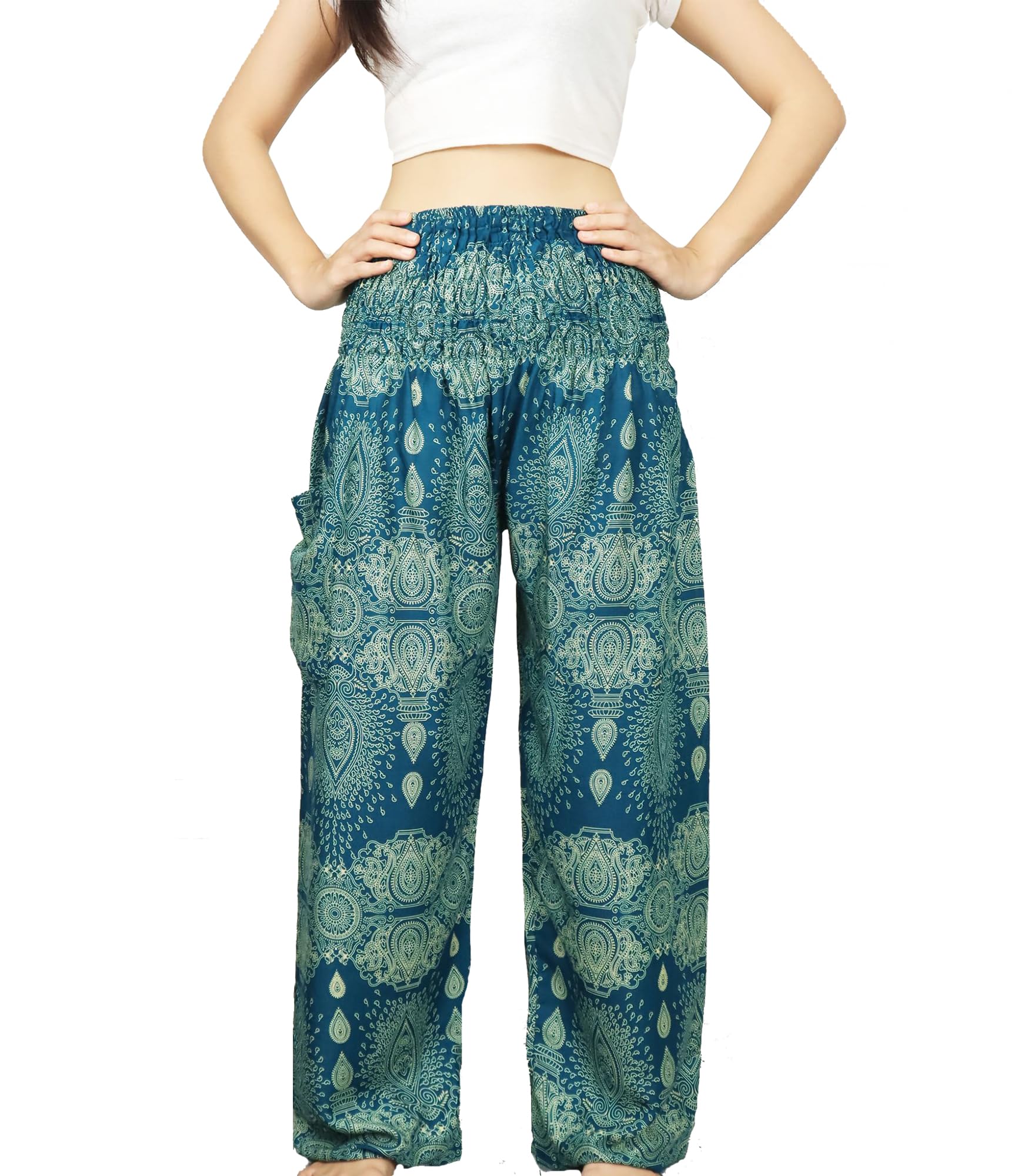 Women's Harem Pants, Hippie Pants with 2 Pockets, Boho Flowy Baggy Yoga Beach Comfy Pants (as1, Alpha, m, Regular, Regular, Black Elephant)