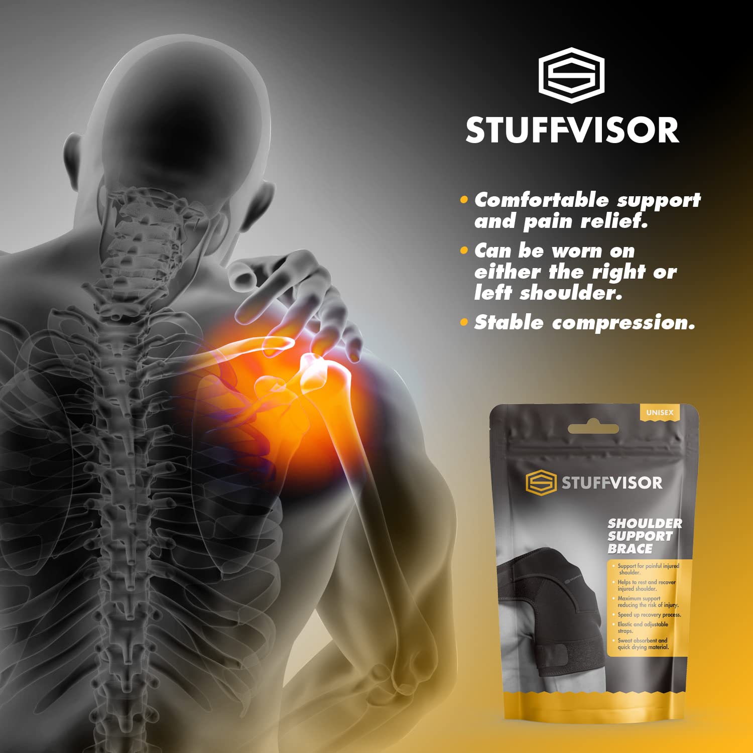 Stuffvisor Shoulder Support Brace with Pressure Strap Pad for Rotator Cuff, Tendonitis, Dislocation, Bursitis and other Shoulder Injuries, with Shoulder Sling, Compression Arm Sleeve Unisex, Onesize