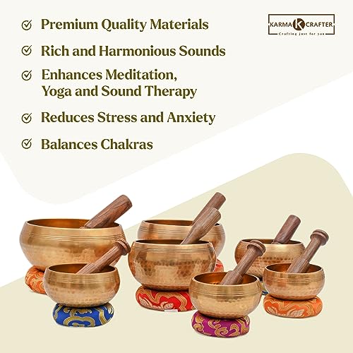 Tibetan Singing Bowl set From 7 Planets, Hand Hammered Design | Meditation Sound Bowl, 7 Chakra bowl, Mallet & Cushion set for Yoga (7 Chakra Set)