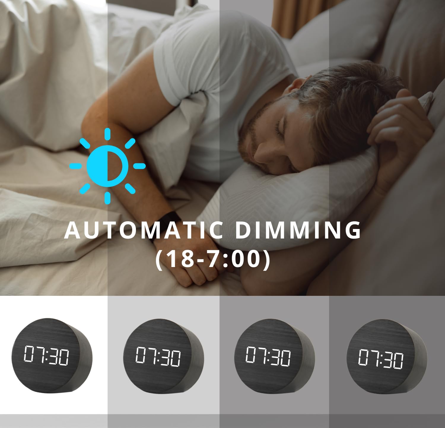 MINM Store Alarm Clock for Bedroom | Digital Clock Wooden Electronic LED Time Display | Calendar Temperature | 3 Alarm Settings | Cord and Battery Operated (Black Wood)