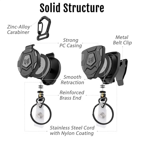 MNGARISTA Heavy Duty Retractable Keychain, Belt Clip Ver. & Carabiner Ver., 8 oz Retraction, 31.5" Steel Rope, Tactical ID Badge Reel with Key Chain Retractor, 2-Pack