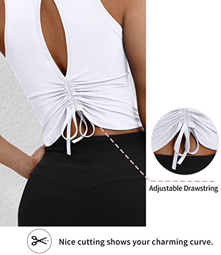 VOOVEEYA Ruched Workout Tops for Women Open Back - Going out Crop Tops Backless Yoga Tops Tie Back(White-L)