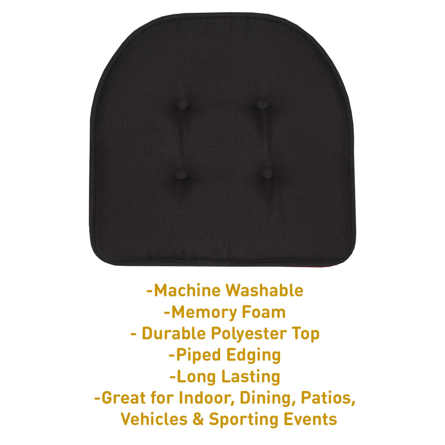 Sweet Home Collection Chair Cushion Memory Foam Pads Tufted Slip Non Skid Rubber Back U-Shaped 17" x 16" Seat Cover, 4 Count (Pack of 1), Black