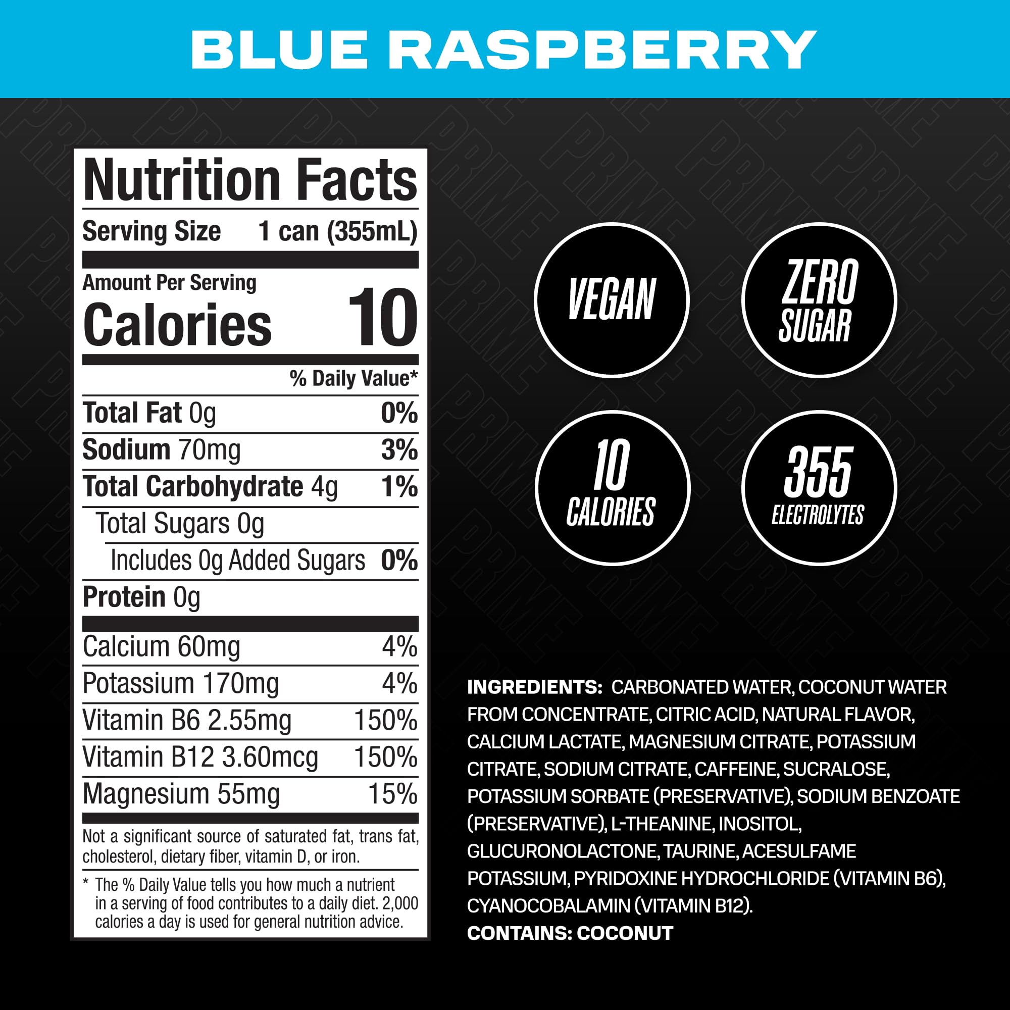 PRIME Energy BLUE RASPBERRY | Zero Sugar Energy Drink | Preworkout Energy | 200mg Caffeine with 355mg of Electrolytes and Coconut Water for Hydration| Vegan | Gluten Free |12 Fluid Ounce | 24 Pack