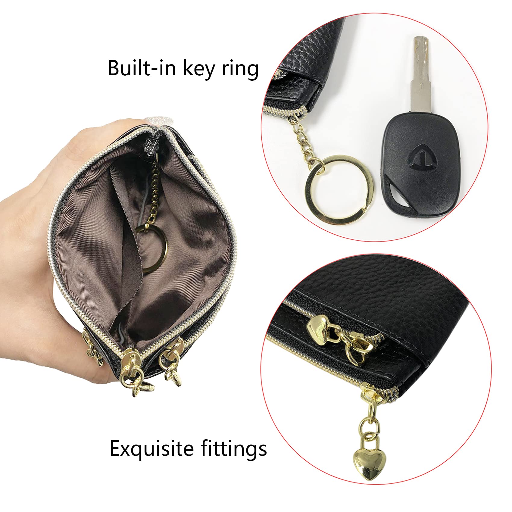 Women's Leather Portable Coin Purse, Pocket Wallet, Zipper Card Holder Wallet with Key Ring (Pink)