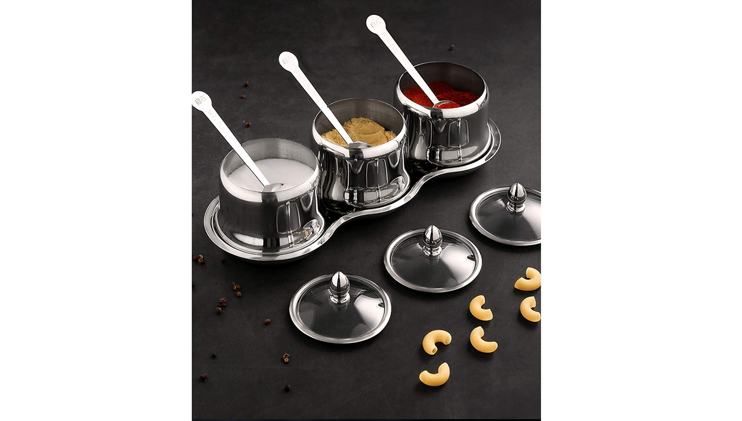 TENTA TENTA KITCHEN Gourmet Seasoning Box with Serving Spoons, Spice Jar Set Condiment Cruet Bottle, Kitchen Supplies,Nice Design for Kitchen (Stainless Steel With Glass Lids)
