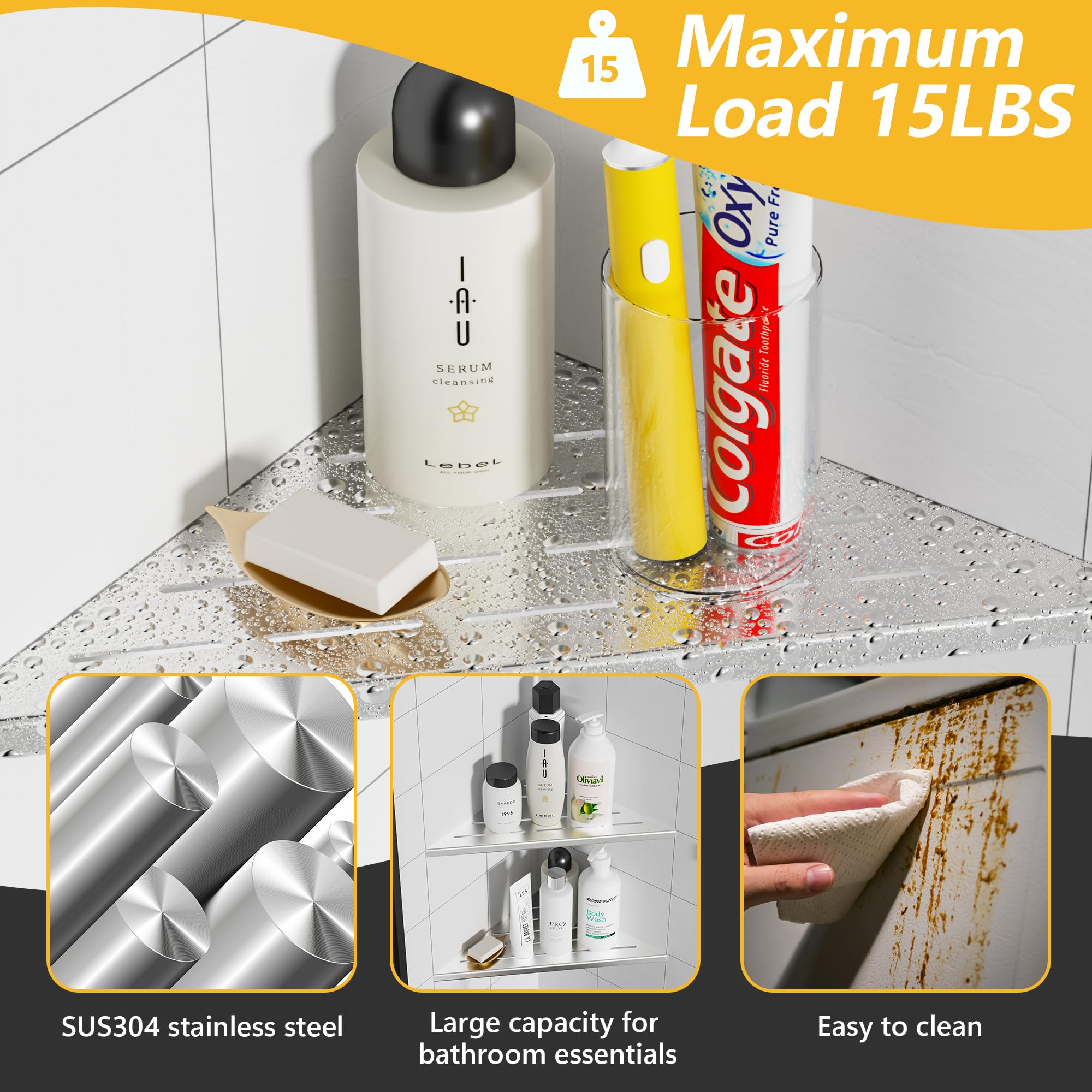 Neodrain 10β Brushed Corner Wall Shelf Set of 2, Floating Corner Shelves for Wall, 304 Stainless Steel Shower Storage Shelves for Bathroom,No Drilling