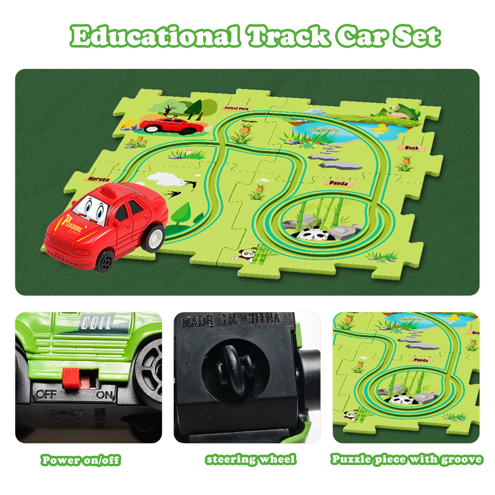 Puzzle Track Car Play Set - DIY Car Tracks Children's Educational Puzzle Board with Electric Vehicle Toy for Toddler Boys Kids Gift (Forest-5pcs)