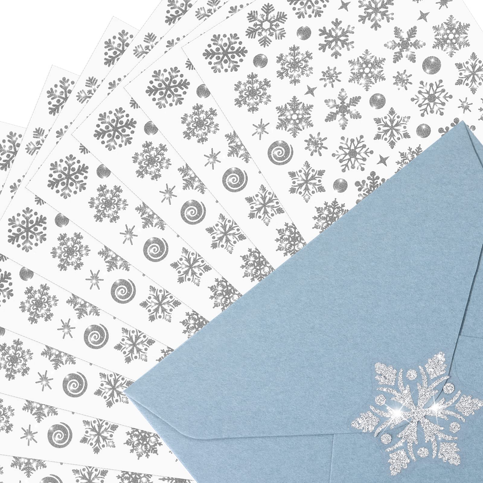 Yexiya 520 Pcs Christmas Envelope Seal Sticker Glitter Snowflake Sticker Label Christmas Sticker Xmas Snowflake Dot Envelope Sticker Seal for Christmas Card Envelope Box Decoration (Silver, 10 Sheets)