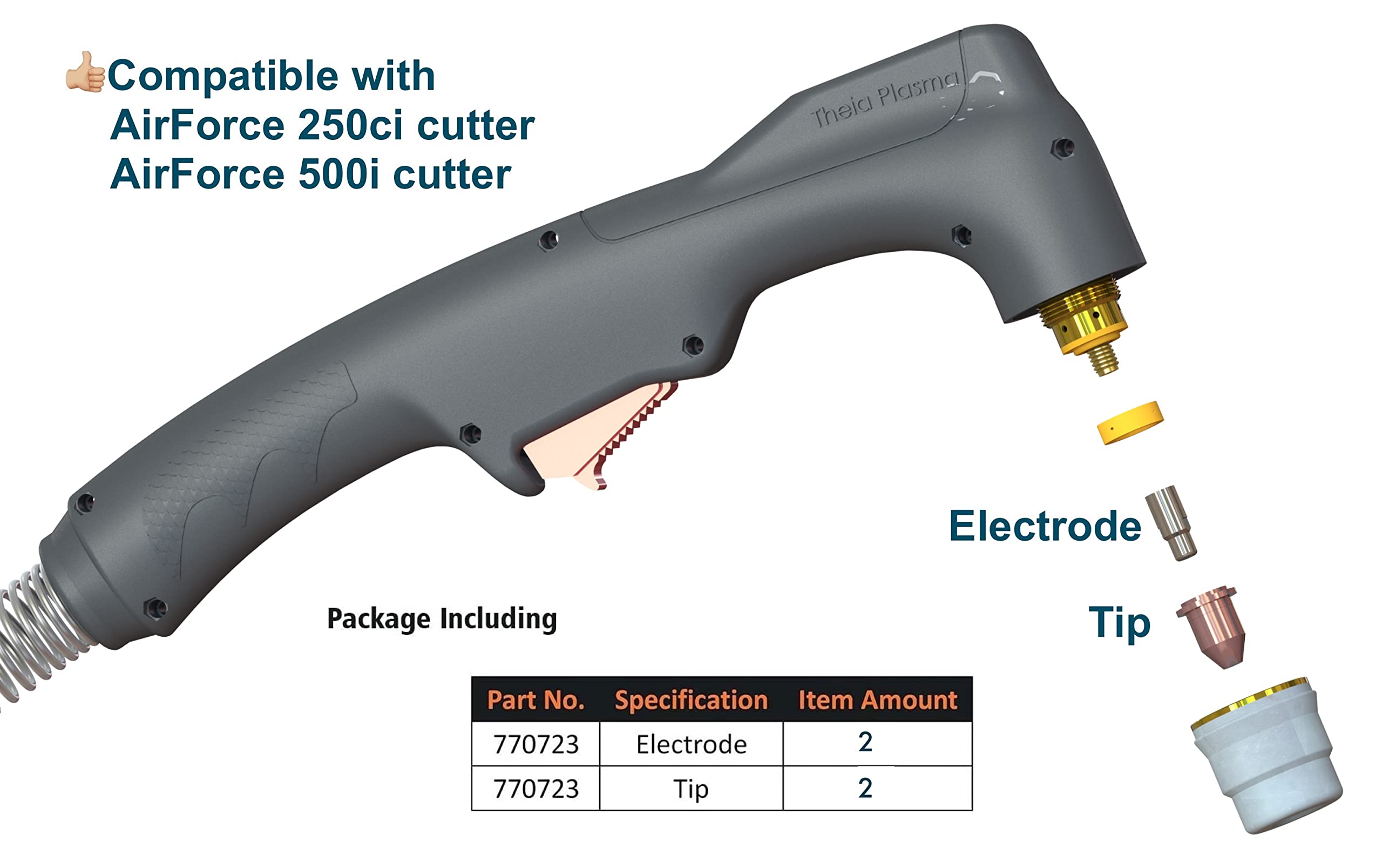 Theia Plasma | AirForce 250Ci HP-25 Plasma Torch consumable 20A | Consumable Kit, Tip/Electrode 770723x2 770496x5 | compatible with Hobart AirForce cutter & miller HP-25/50/70 (3) (770496 4kit)