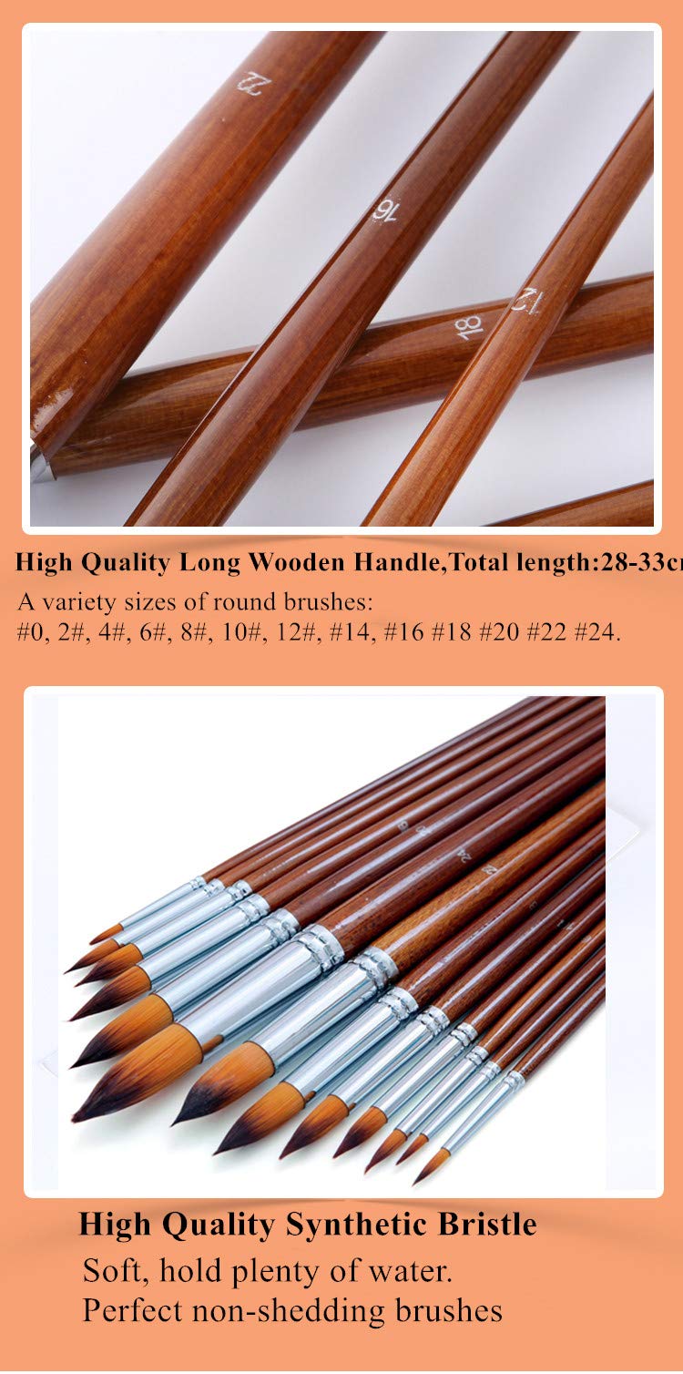 Paint Brushes 13pcs Round Pointed Tip Soft Non-Shedding Nylon Hair Wood Long Handle Acrylic Paint Brush Set for Canvas Painting Watercolor Paint Professional Painting Kits (Round 13pcs Longer Handle)