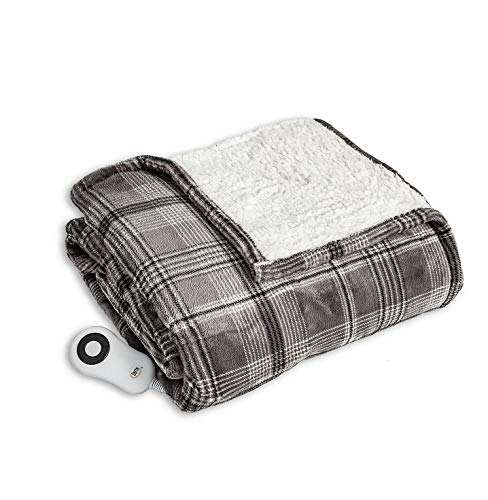 Serta Microplush Electric Heated Warming Throw Blanket Silver Plaid