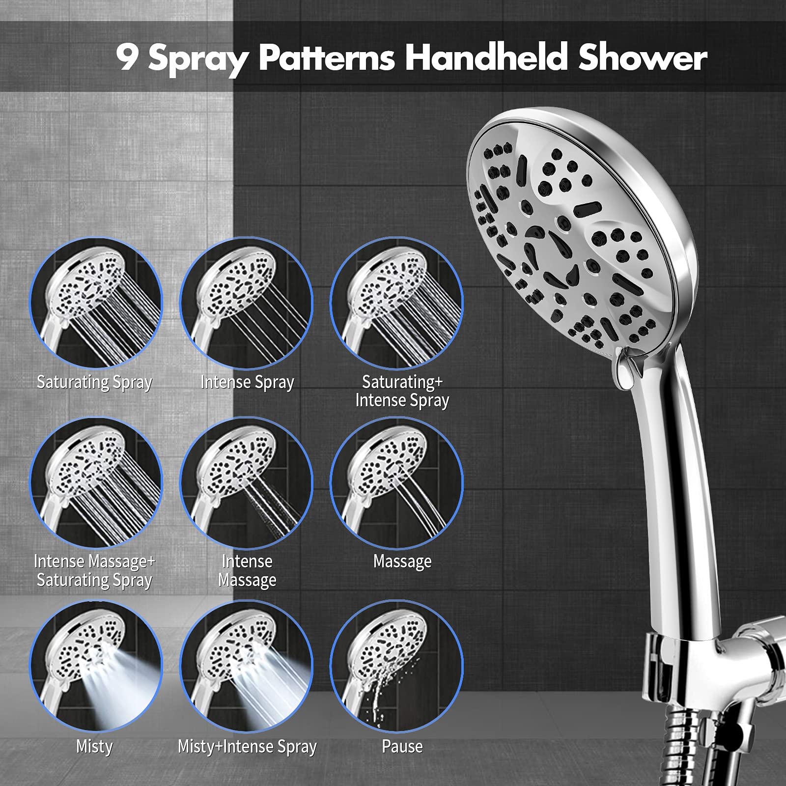 UDOGI Shower Head with Handheld, High Pressure 8" Rain/Rainfall Shower Head Combo with 5FT Stainless Steel Hose, 11" Adjustable Extension Shower Arm, 9 Settings Anti-leak Shower Head with Holder