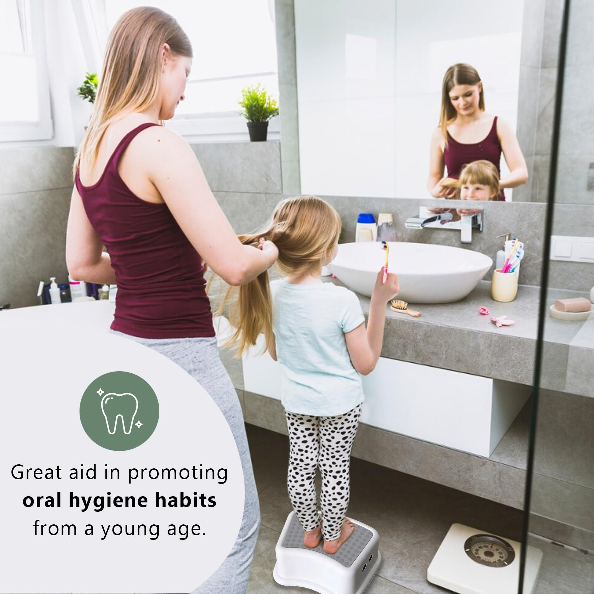 UNCLE WU 2 Pack Kids Step Stool - Toddler Step Up Stool for Kitchen - Bathroom Safety Bottom as Potty Training Stool - Slip-Resistant Surface1 Step Stool for Kids/Adult (Gray White)