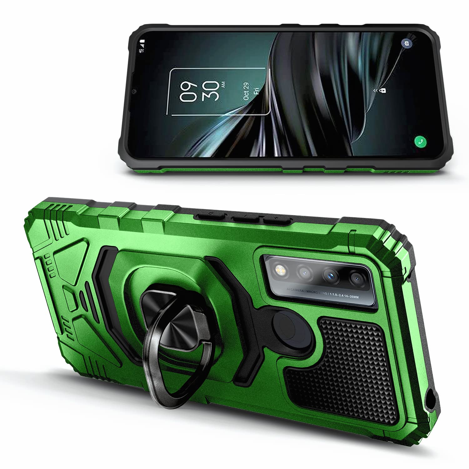 NZND Case for TCL 20 XE with Tempered Glass Screen Protector (Maximum Coverage), Full-Body Protective [Military-Grade], Magnetic Car Ring Holder, Heavy-Duty Cover Case (Green)