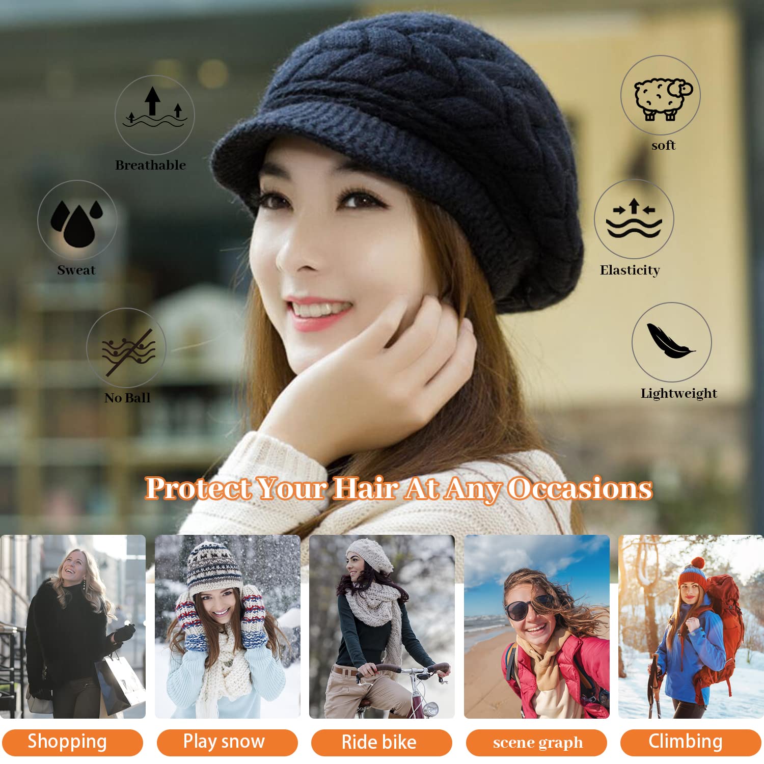 Weradau Women Winter Hat,Soft Wool Knit Beanie Hat for Women,Fleece Lined Snow Ski Caps Slouchy Winter Hat with Vsior