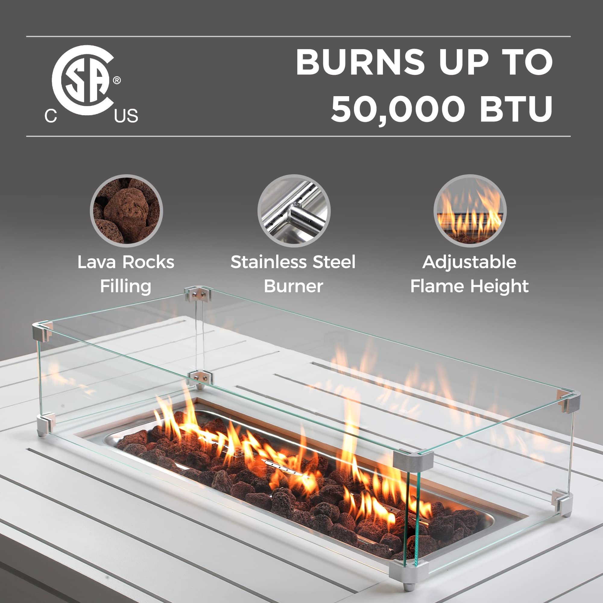 Wisteria Lane 54.3” Outdoor Patio Aluminum Fire Pit Table, 50000 BTU CSA Certified Propane Gas Fire Pit, Rectangular Fire Table w/Stainless Burner, Lava Rock, Waterproof Cover