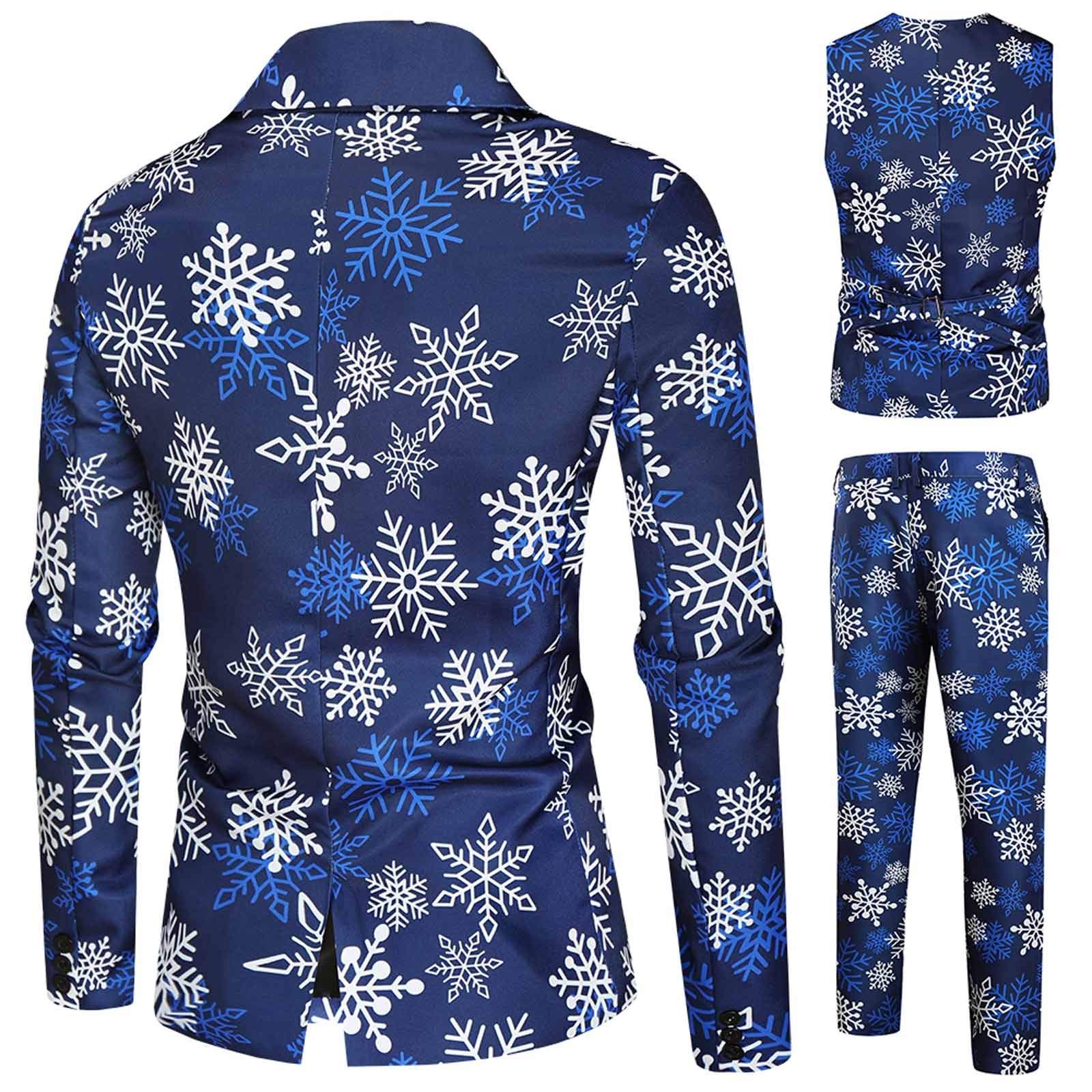 Nzwiluns Suits for Men 2 Piece,Slim Fit One Button Christmas Snowflake Jacket Blazer Party Wedding Tuxedo Tux & Pants & Vest Multi Color